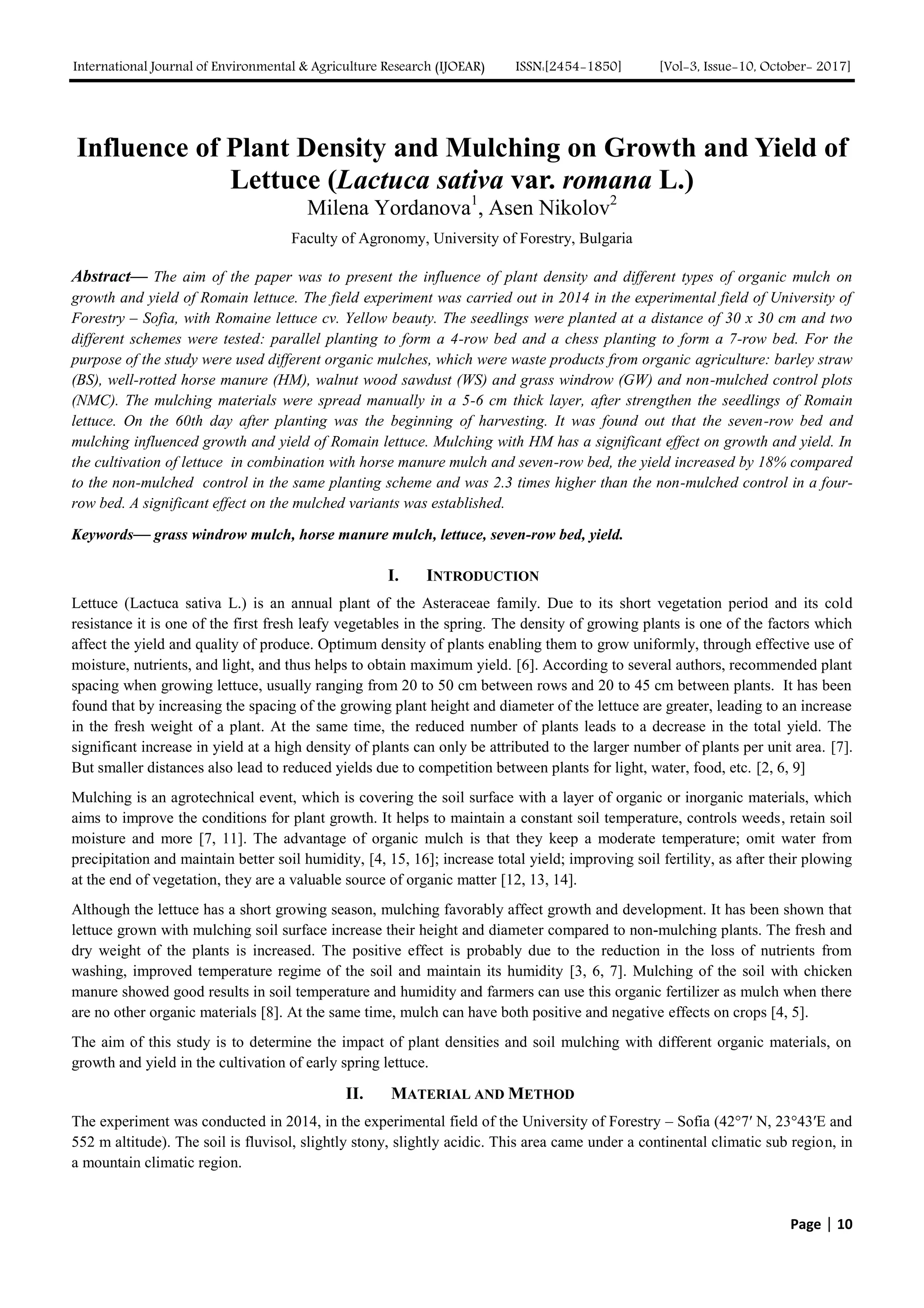 Influence of Plant Density and Mulching on Growth and Yield of Lettuce (Lactuca sativa var ...