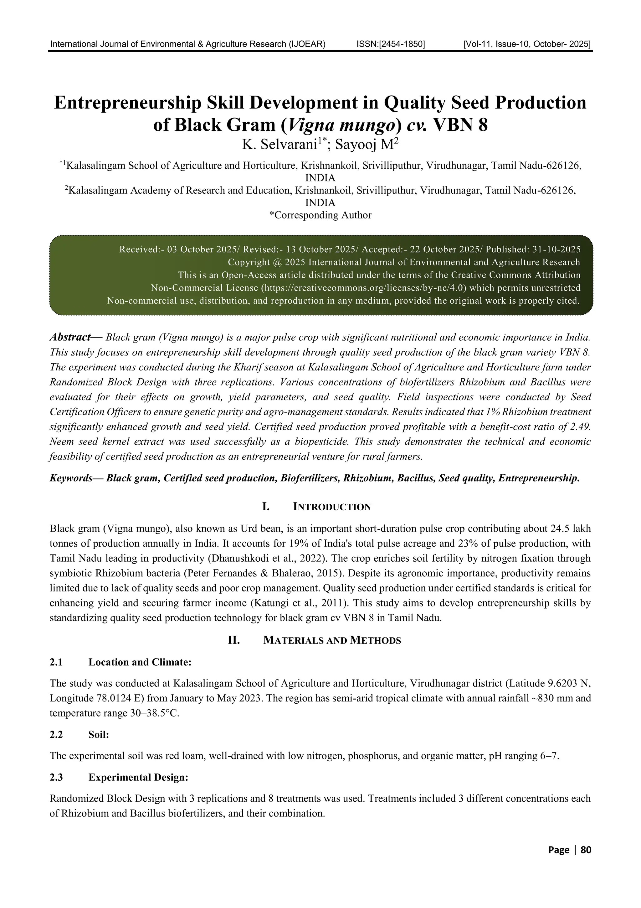 Entrepreneurship Skill Development in Quality Seed Production of Black Gram (Vigna mungo) cv ...