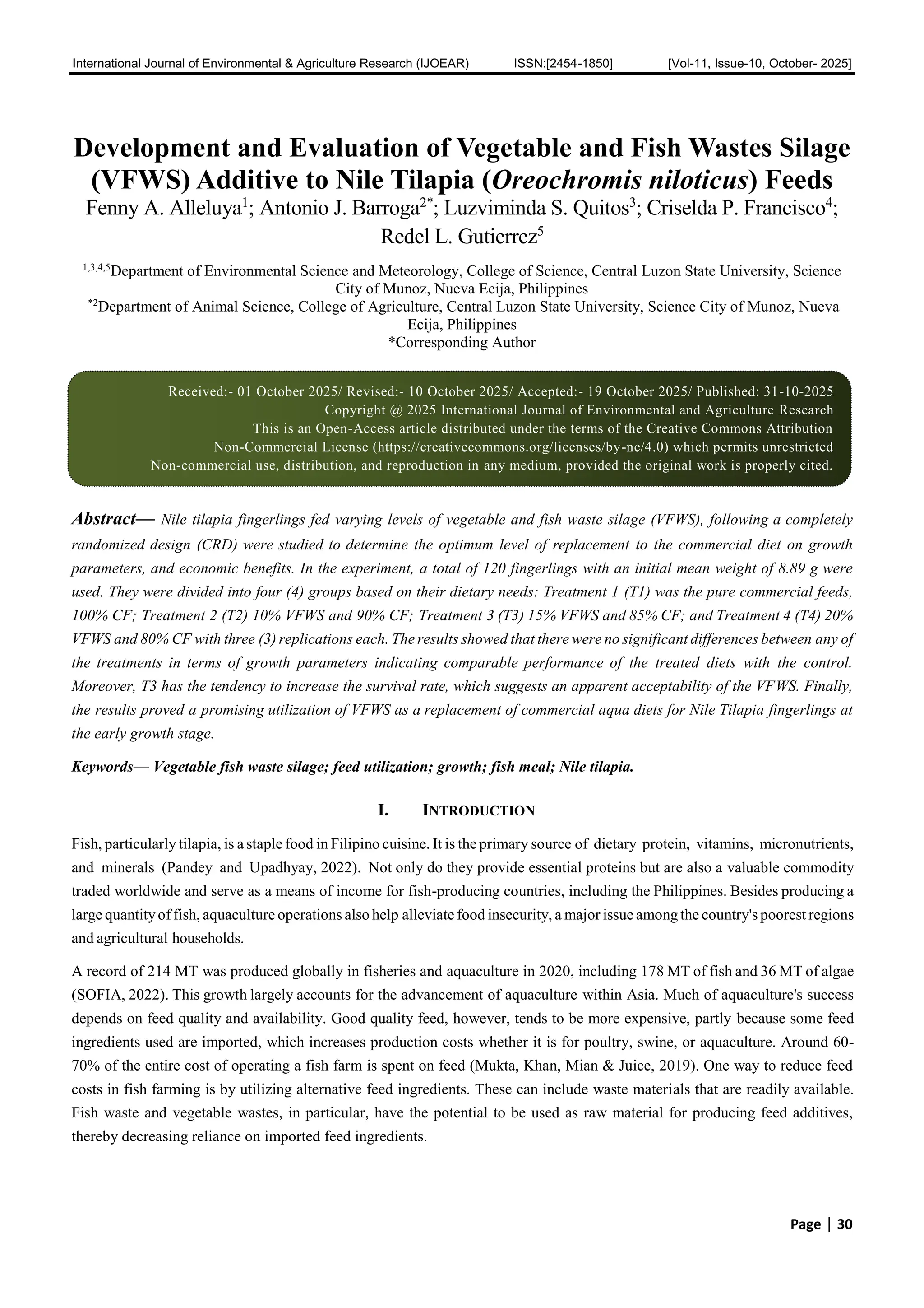 Development and Evaluation of Vegetable and Fish Wastes Silage (VFWS ...