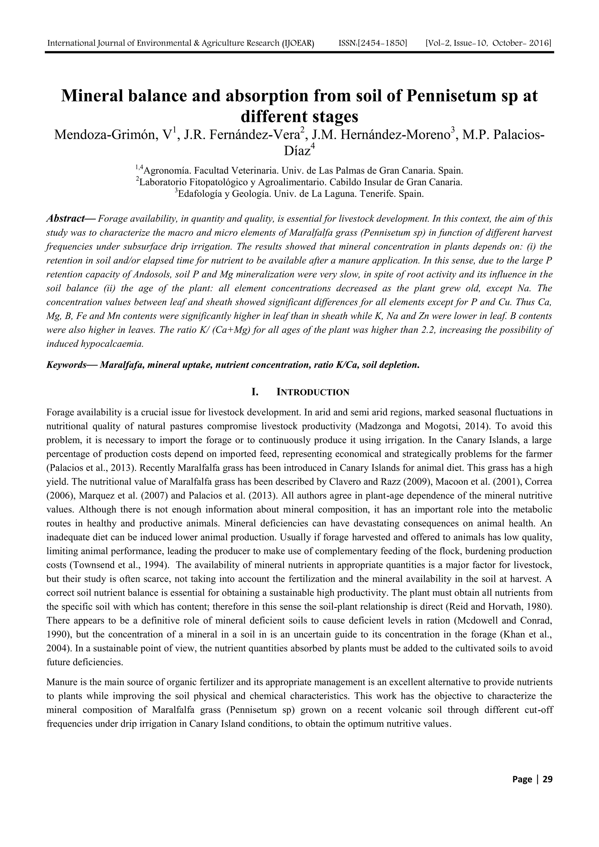 Mineral balance and absorption from soil of Pennisetum sp at different ...