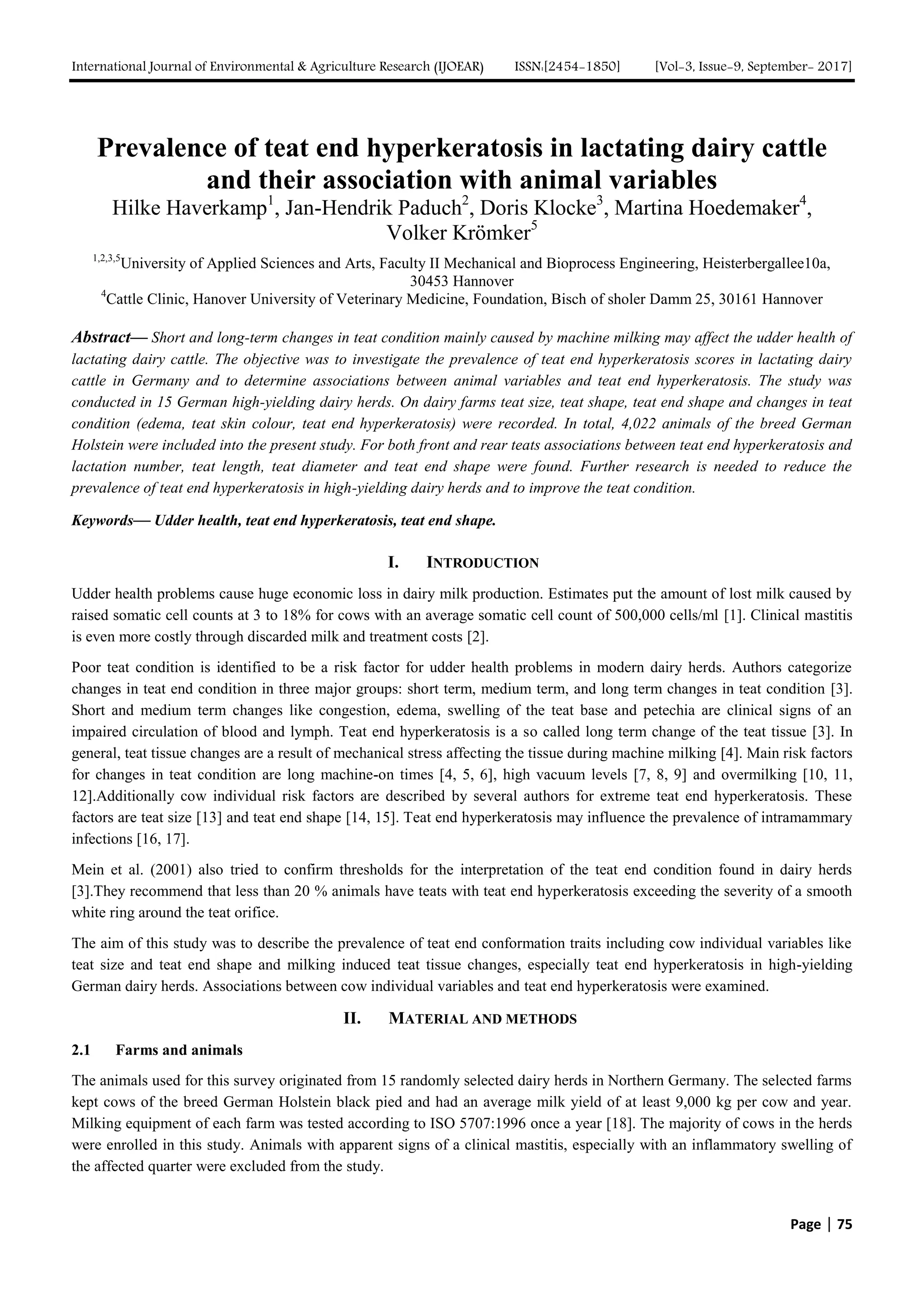 Prevalence of teat end hyperkeratosis in lactating dairy cattle and their association with ...