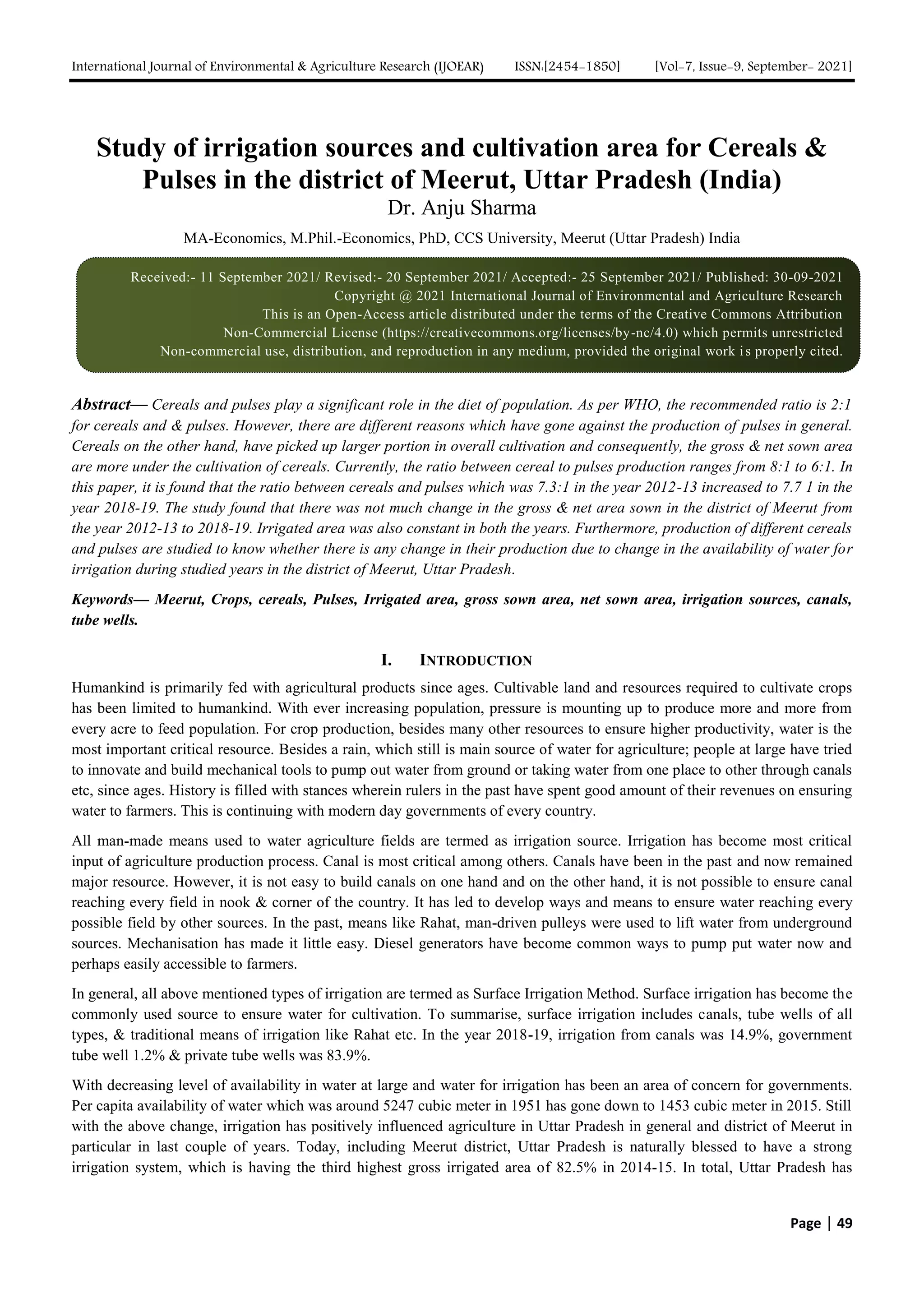 Study of irrigation sources and cultivation area for Cereals & Pulses ...