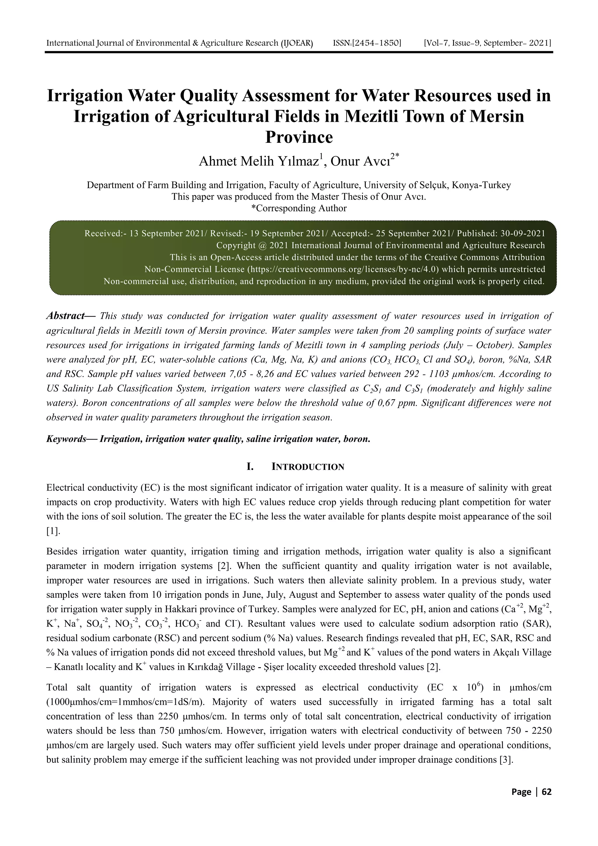 Irrigation Water Quality Assessment for Water Resources used in ...