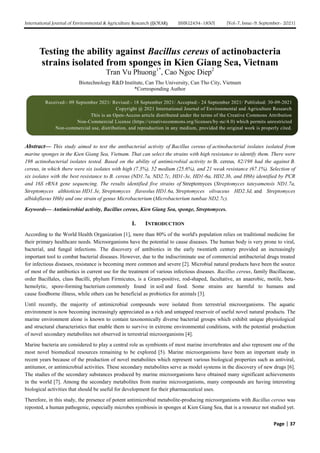 Testing the ability against Bacillus cereus of actinobacteria strains ...