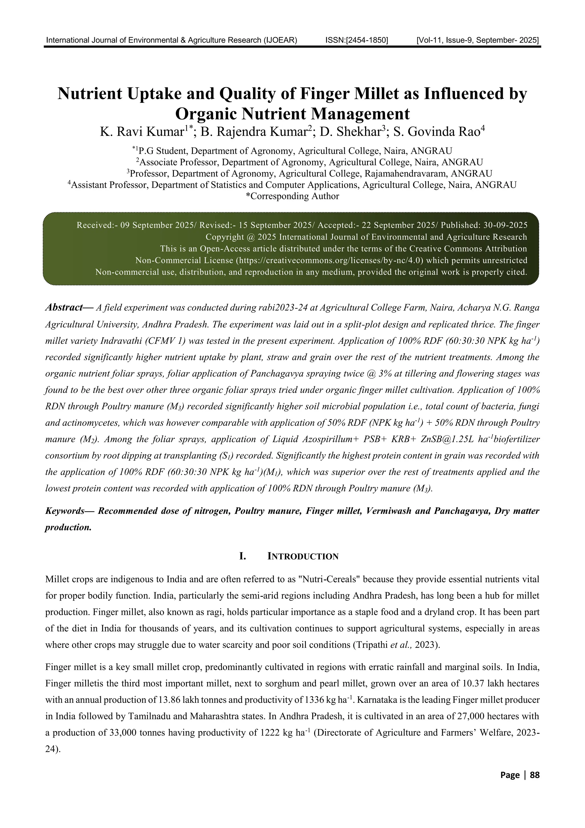 Nutrient Uptake and Quality of Finger Millet as Influenced by Organic ...