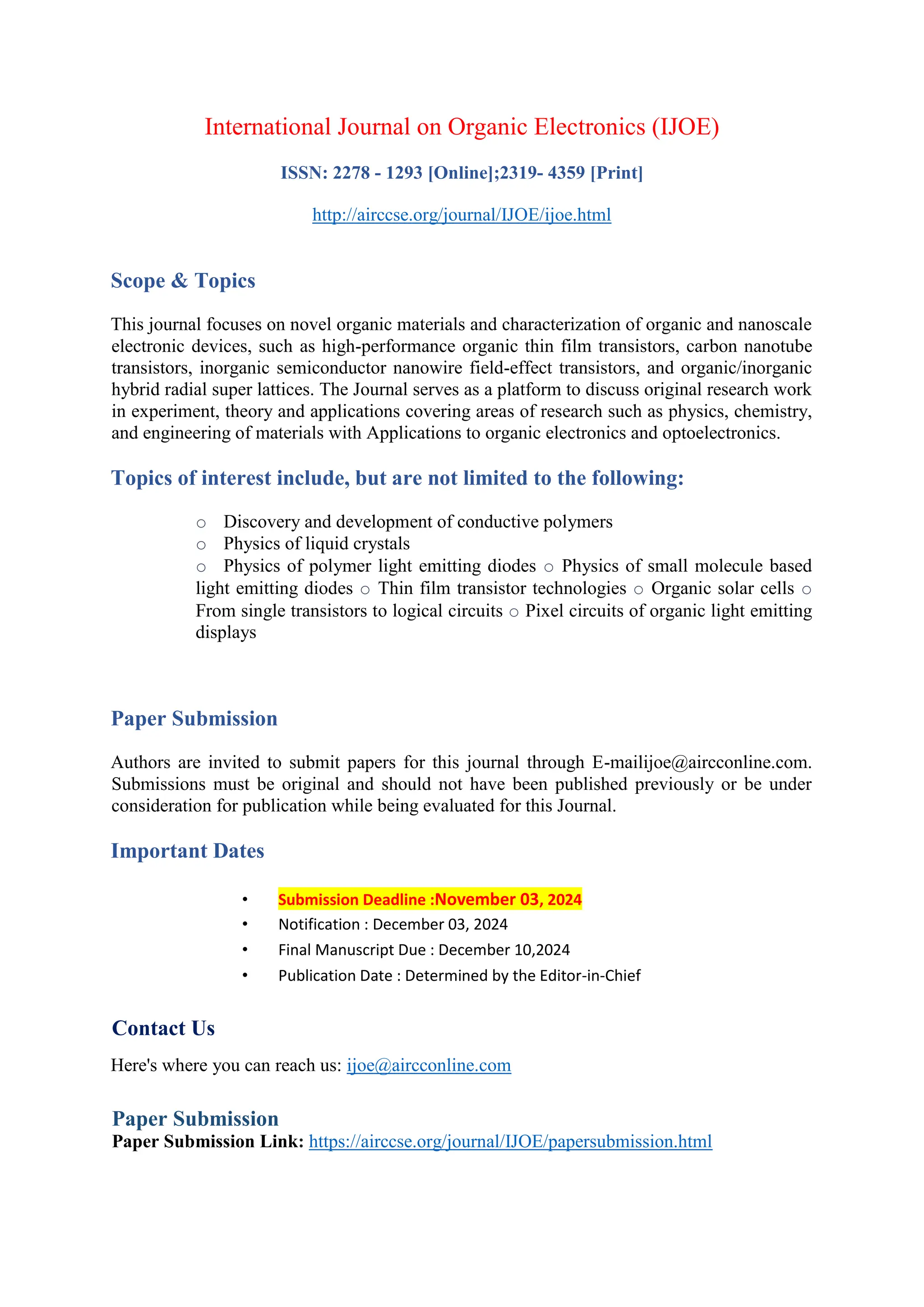 International Journal on Organic Electronics (IJOE) | PDF | Free Download