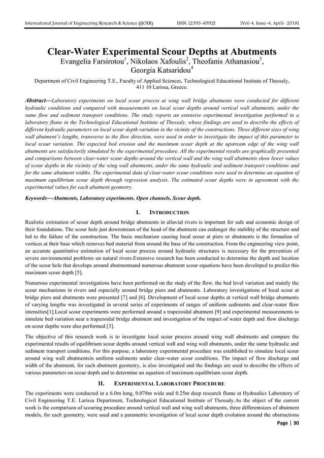 Clear-Water Experimental Scour Depths at Abutments | PDF