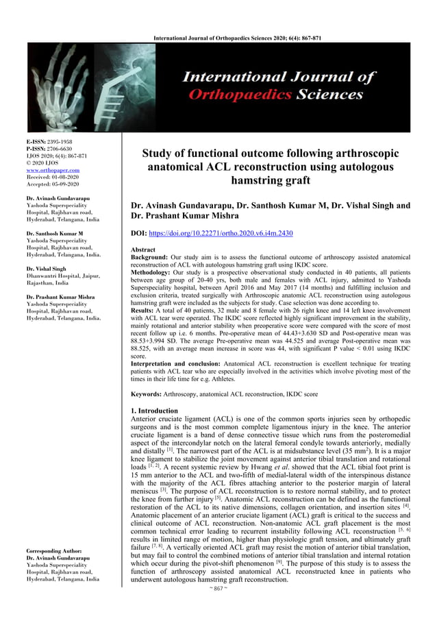 Study of functional outcome following arthroscopic anatomical ACL ...