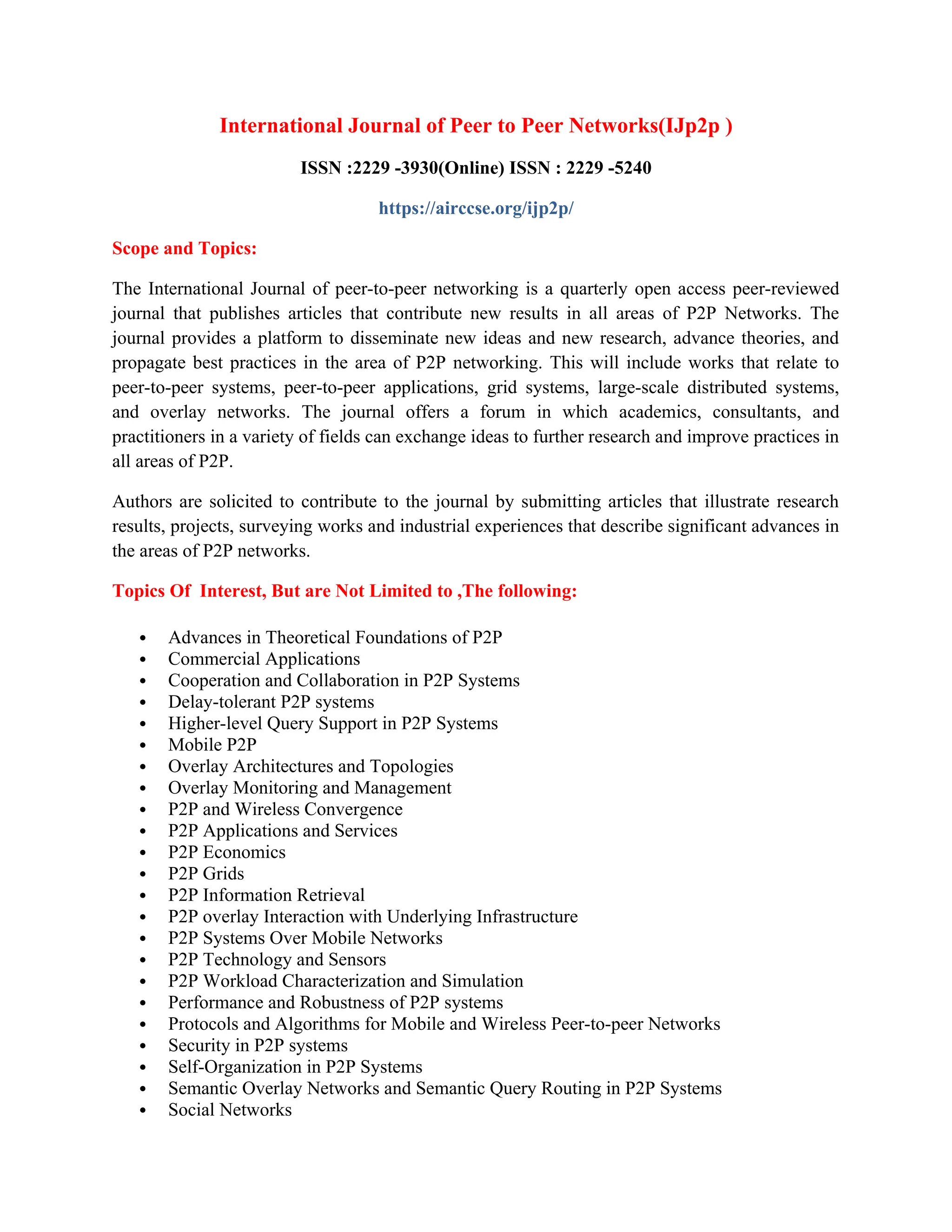 International Journal of Peer to Peer Networks(IJp2p ) | DOCX