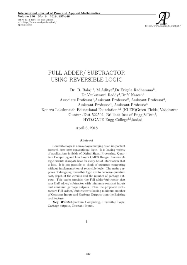 FULL ADDER/ SUBTRACTOR USING REVERSIBLE LOGIC | PDF