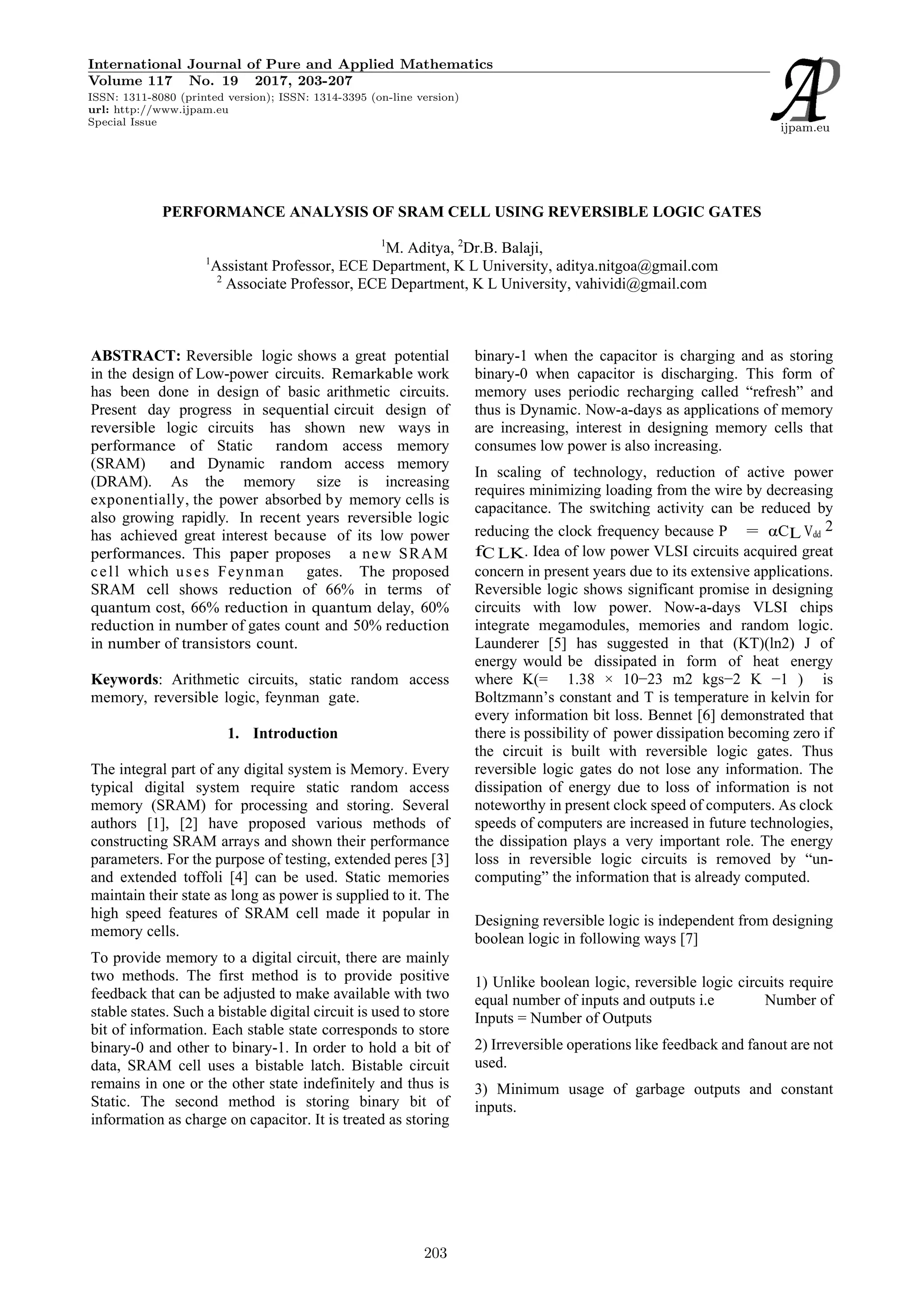PERFORMANCE ANALYSIS OF SRAM CELL USING REVERSIBLE LOGIC GATES | PDF
