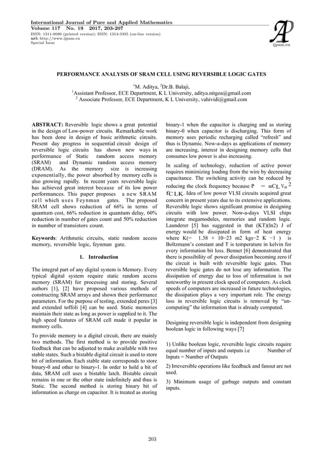 PERFORMANCE ANALYSIS OF SRAM CELL USING REVERSIBLE LOGIC GATES | PDF