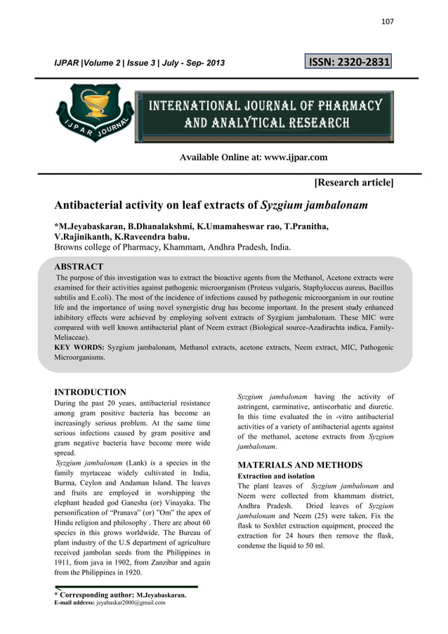 Antibacterial activity on leaf extracts of Syzgium jambalonam | PDF