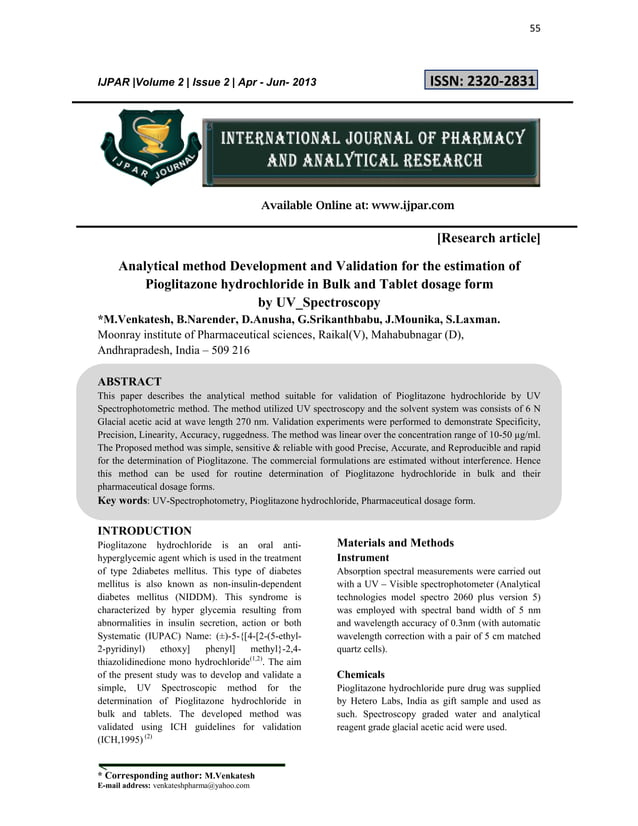 Analytical Method Development And Validation For The Estimation Of Pioglitazone Hydrochloride In