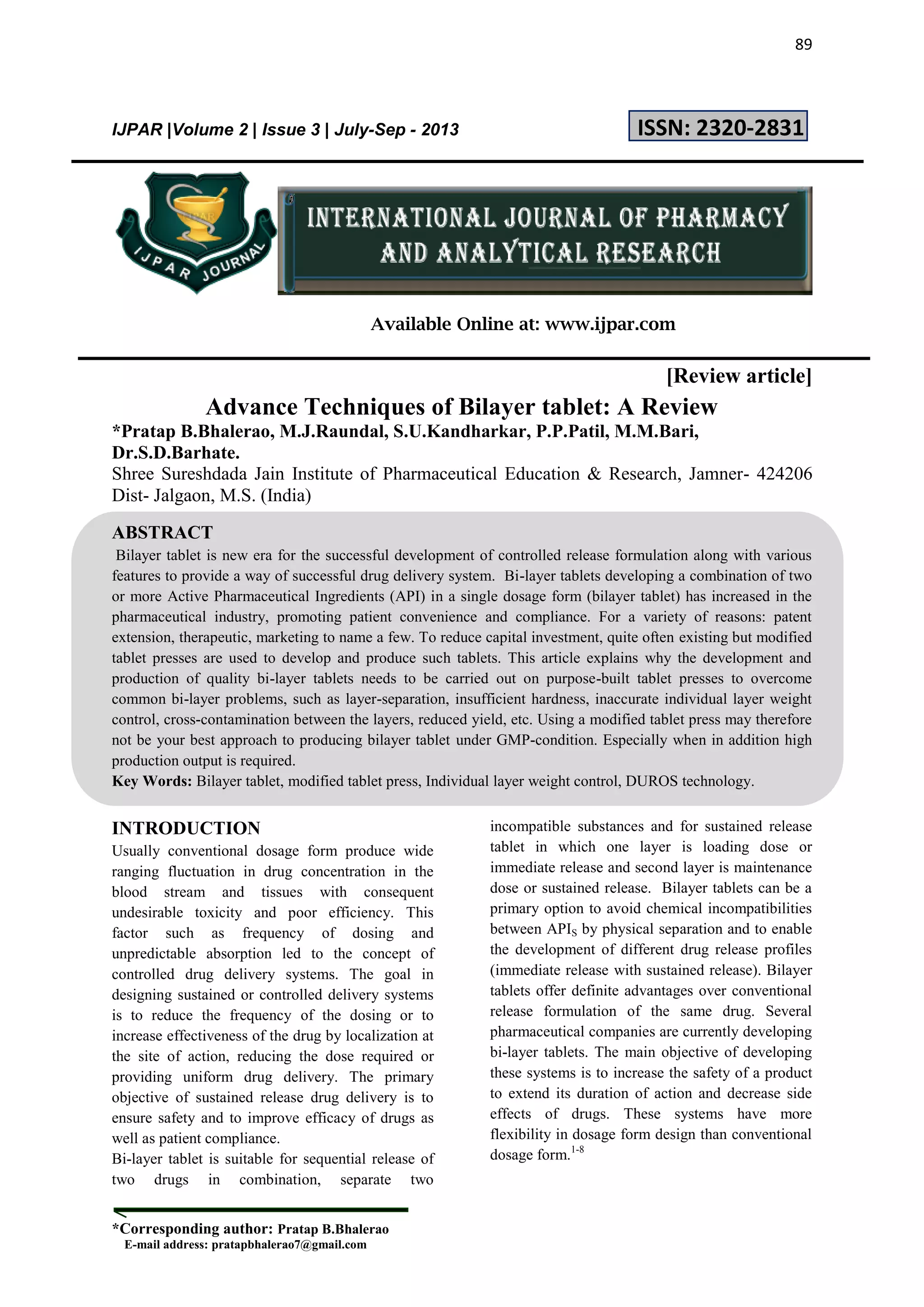 Advance Techniques of Bilayer tablet: A Review | PDF