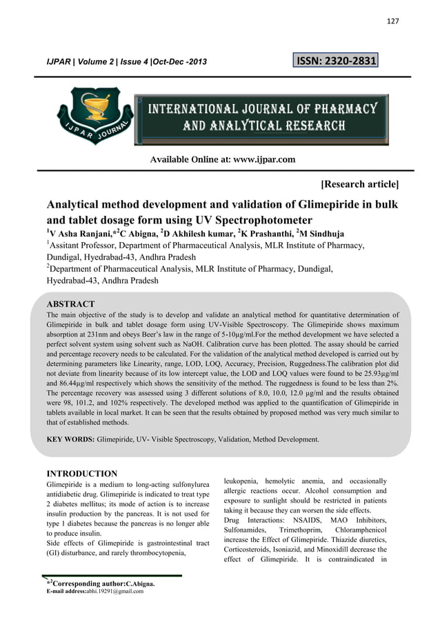 Analytical method development and validation of Glimepiride in bulk and ...