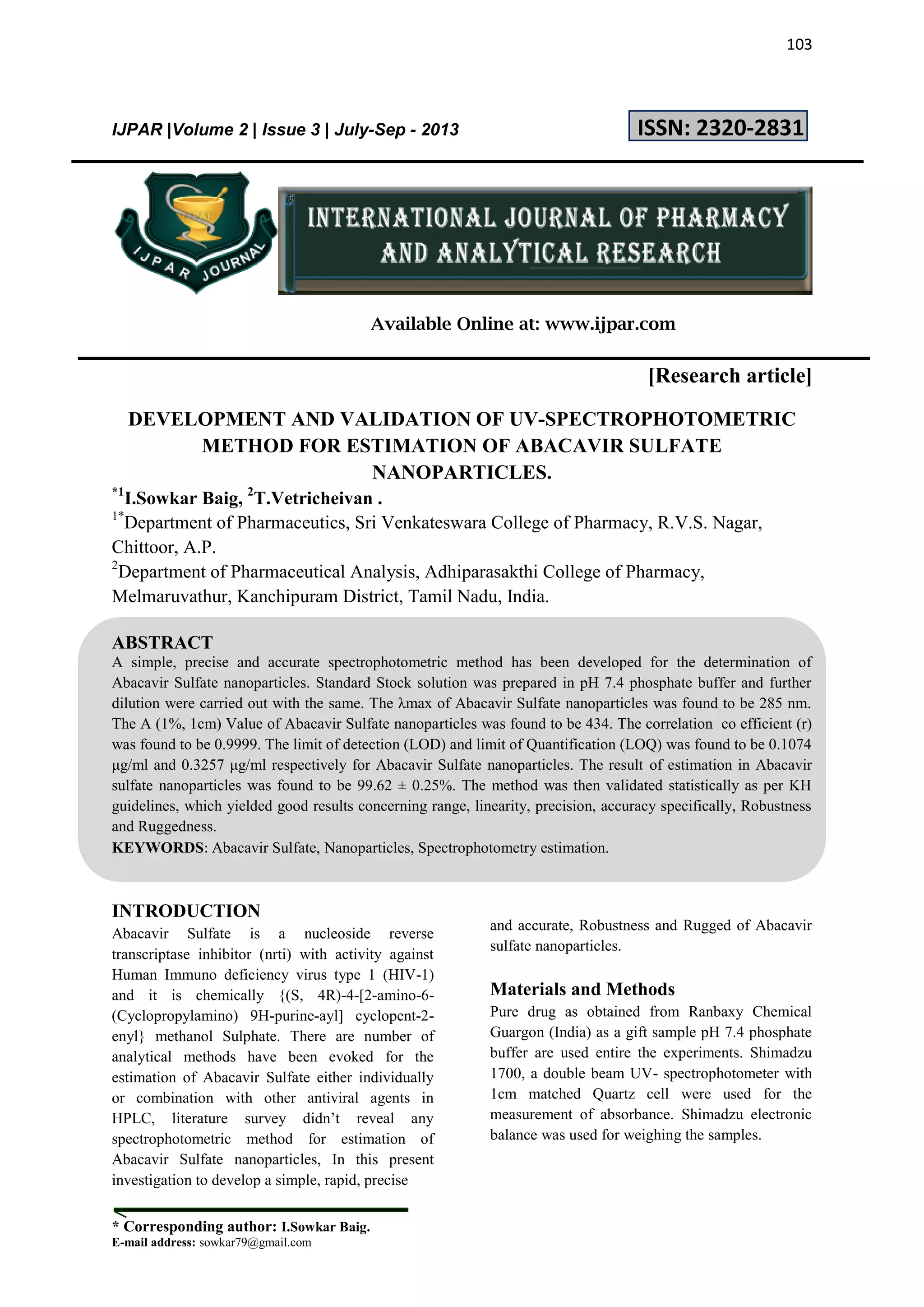 Development and Validation of Uv-Spectrophotometric Method for Estimation of Abacavir Sulfate ...