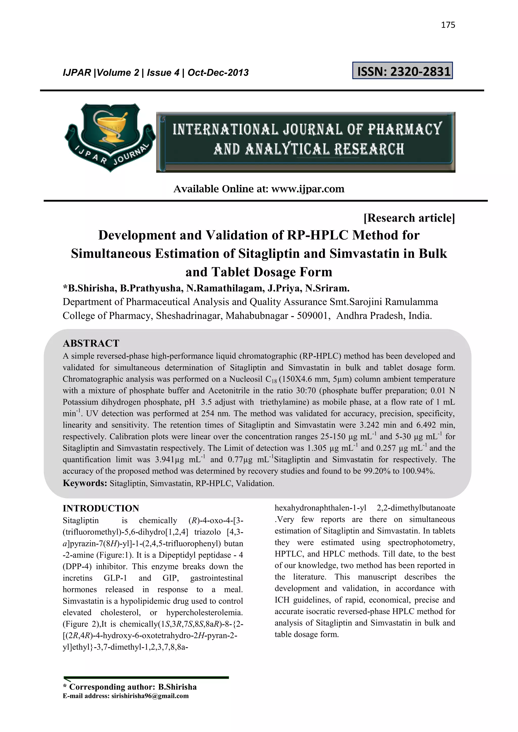 Development and Validation of RP-HPLC Method for Simultaneous Estimation of Sitagliptin and ...