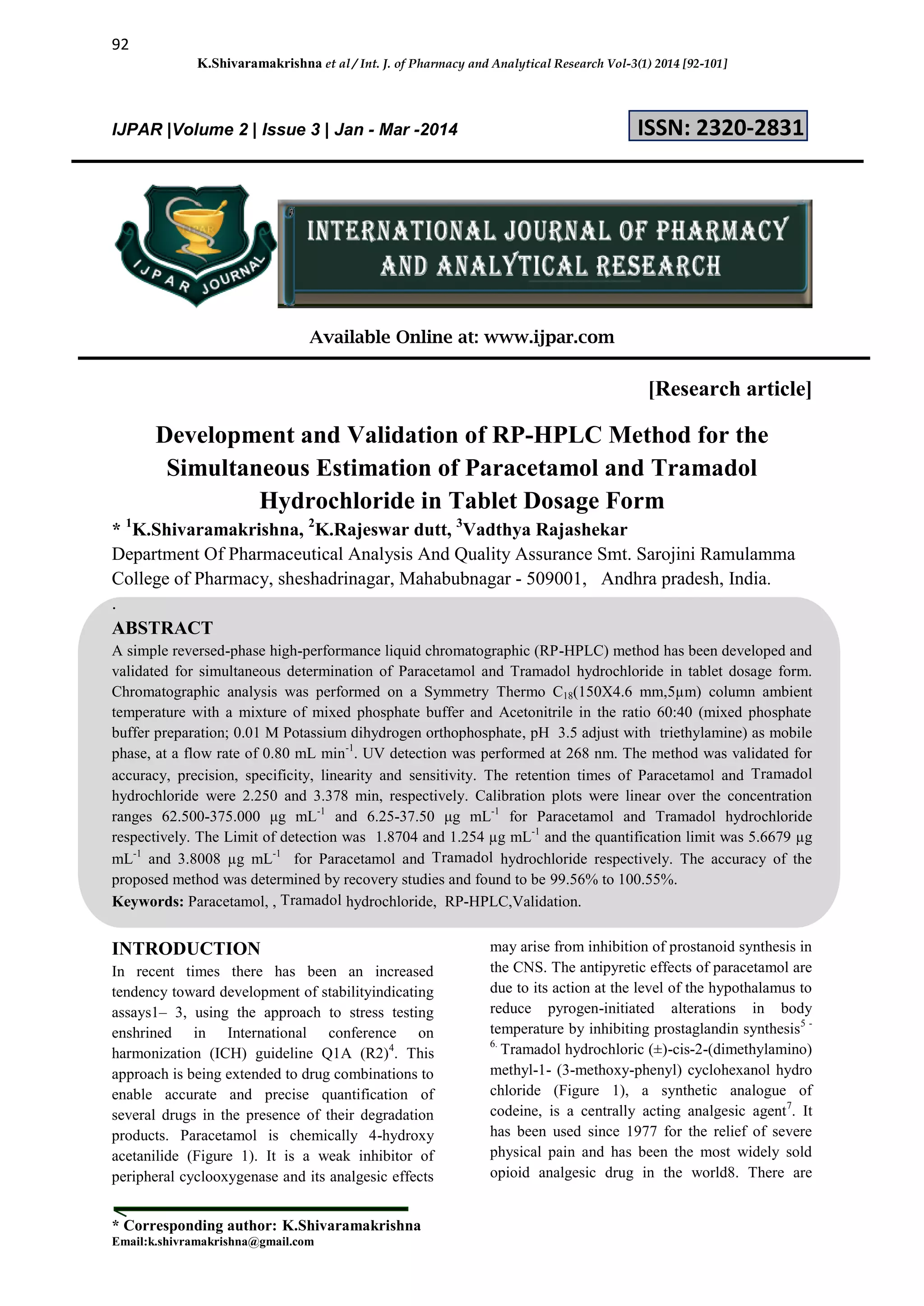 Development and Validation of RP-HPLC Method for the Simultaneous Estimation of Paracetamol and ...