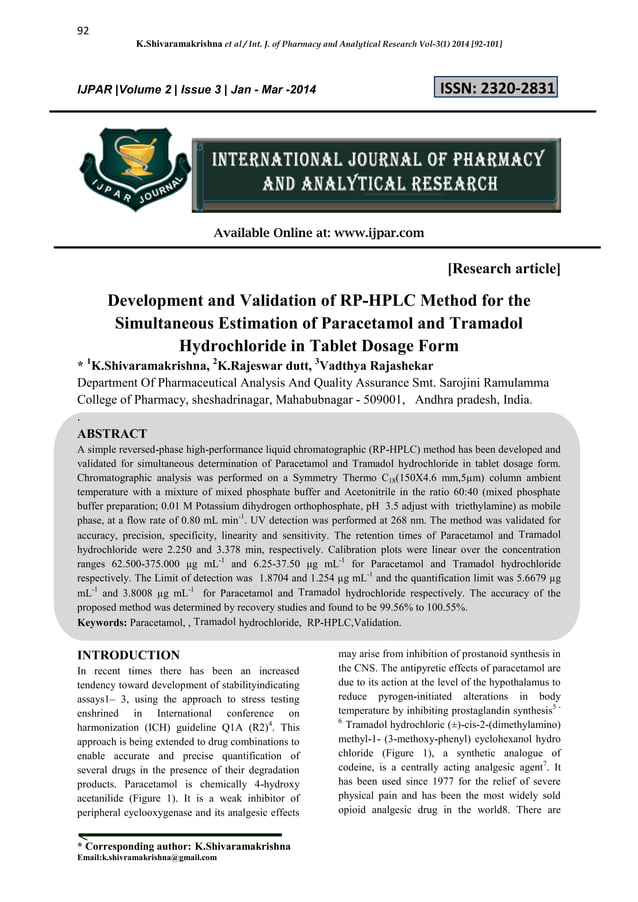 Development and Validation of RP-HPLC Method for the Simultaneous Estimation of Paracetamol and ...