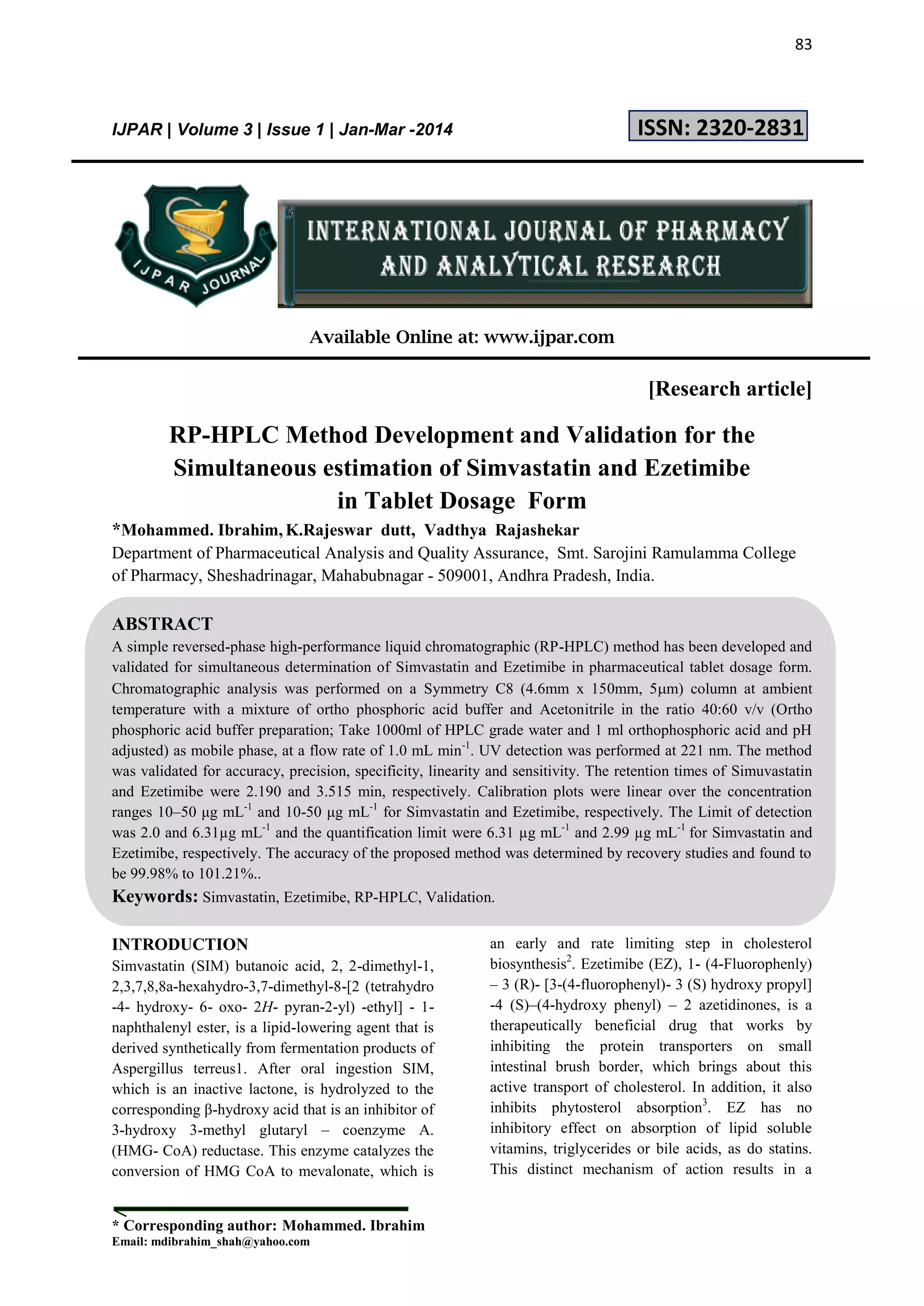 RP-HPLC Method Development and Validation for the Simultaneous estimation of Simvastatin and ...