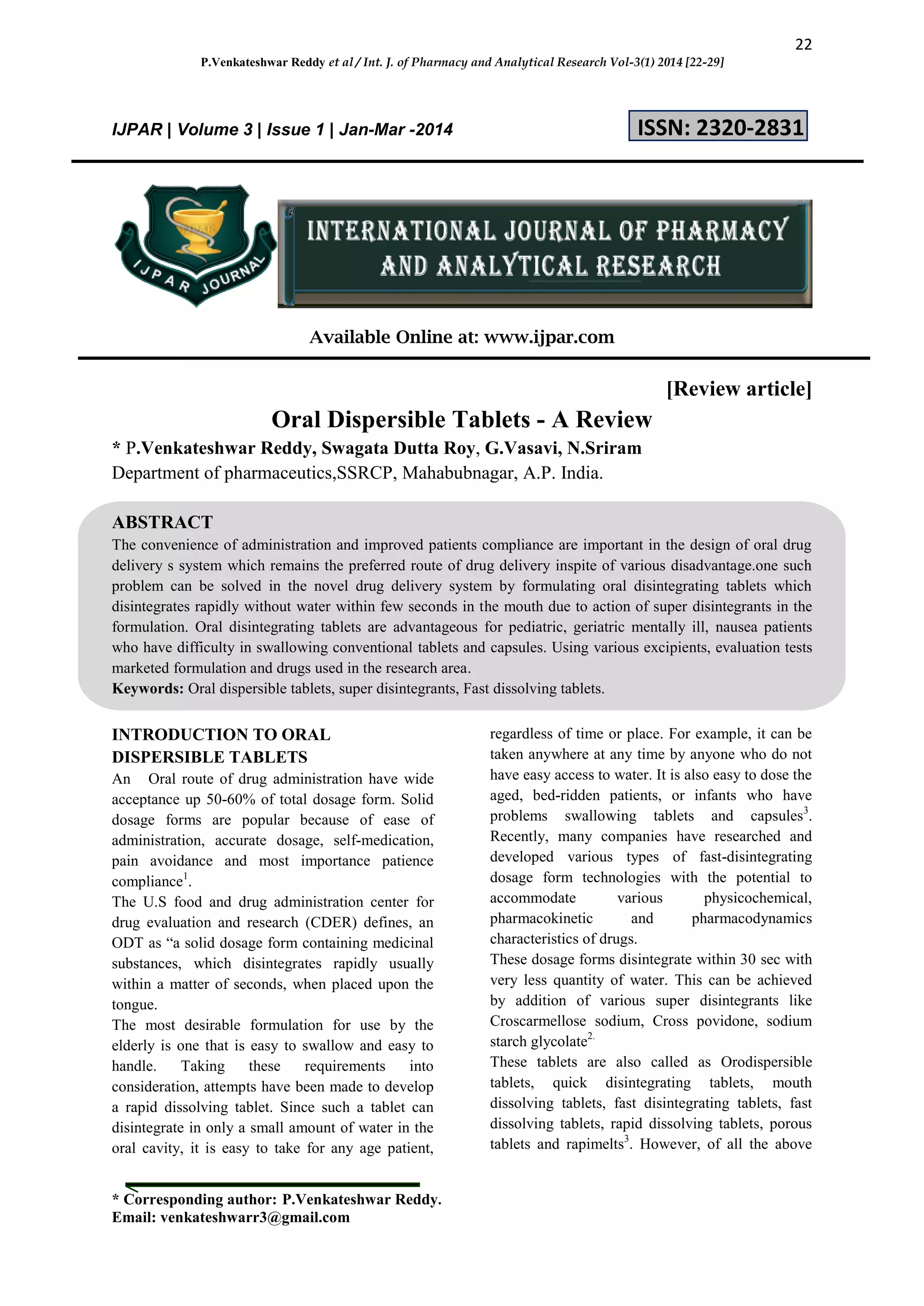Oral Dispersible Tablets - A Review | PDF