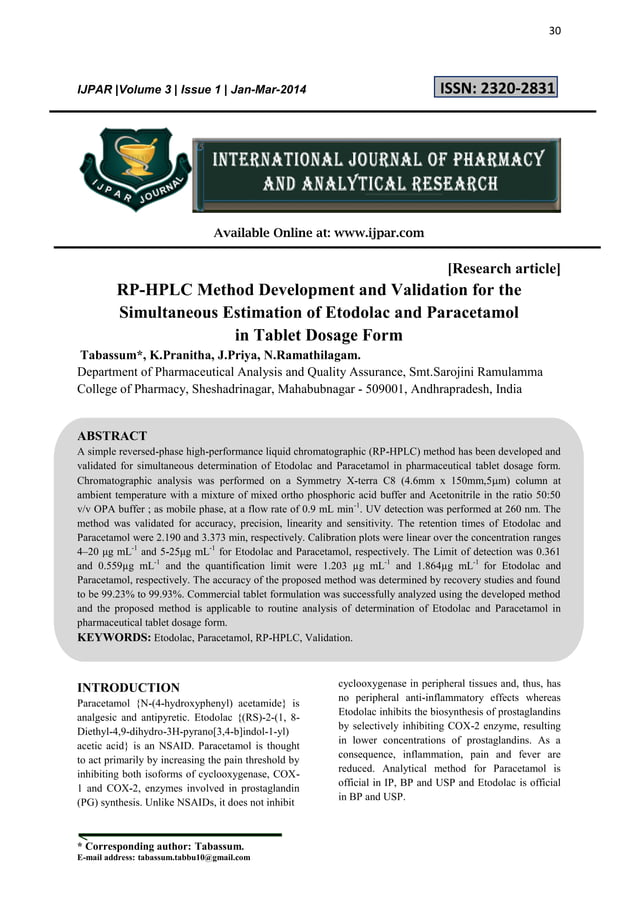 Rp Hplc Method Development And Validation For The Simultaneous Estimation Of Etodolac And