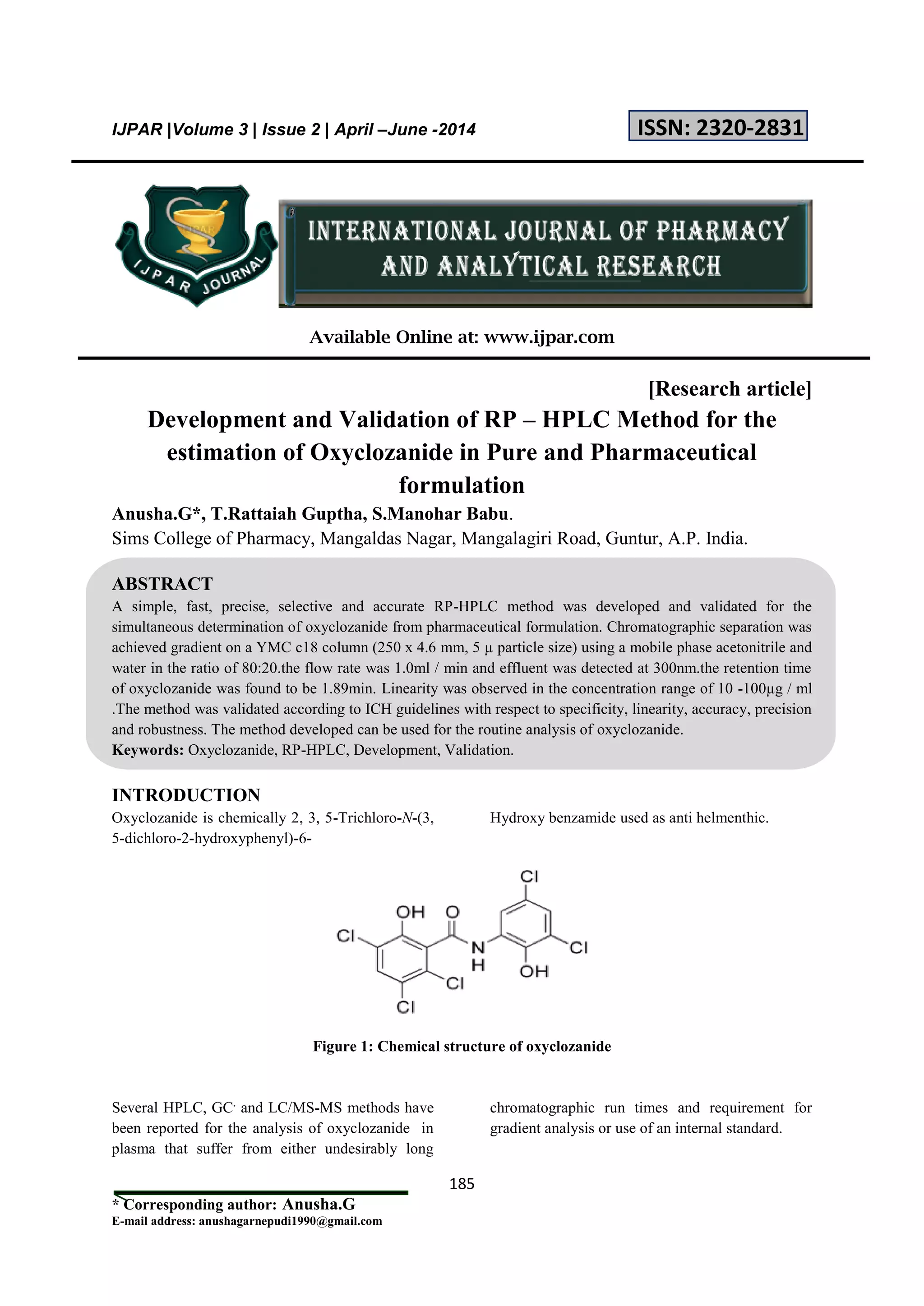 Development and Validation of RP – HPLC Method for the estimation of Oxyclozanide in Pure and ...