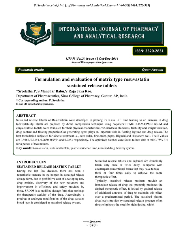 Formulation and evaluation of matrix type rosuvastatin sustained release tablets | PDF ...