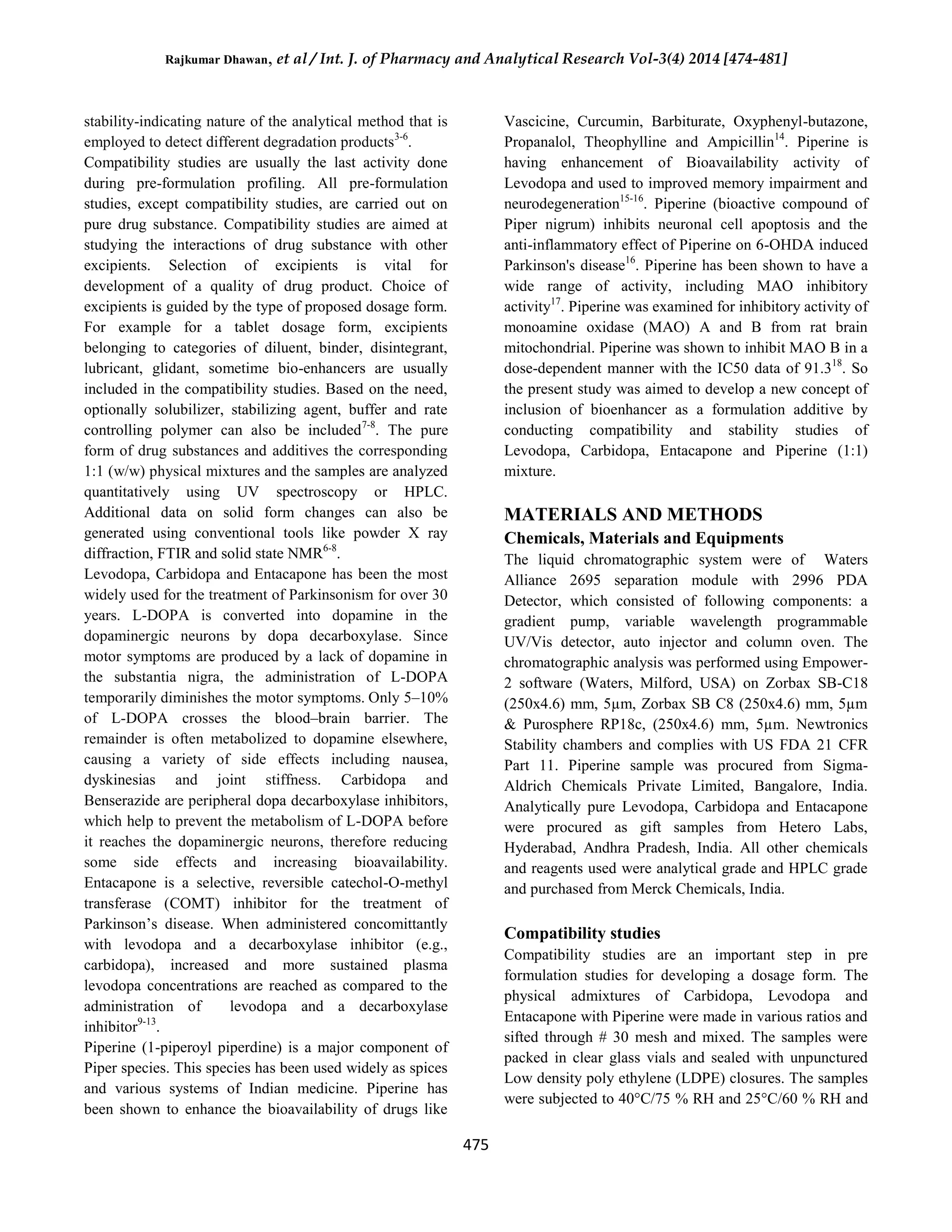 Compatibility and stability studies of levadopa, carbidopa, entacapone ...