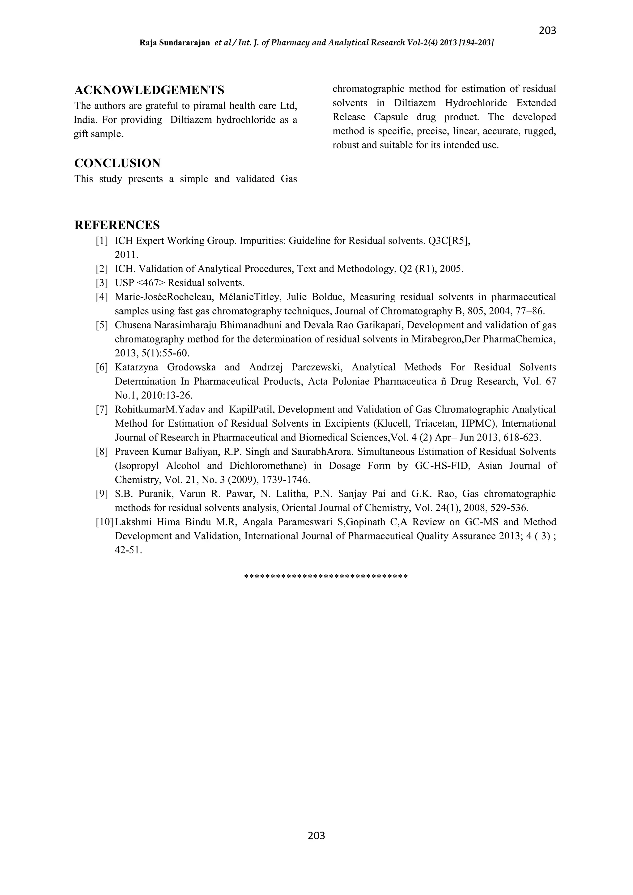 Analytical Method Development And Validation For Residual Solvent Of Diltiazem Hydrochloride