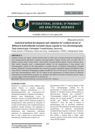 Analytical method development and validation for residual solvent of Diltiazem hydrochloride ...