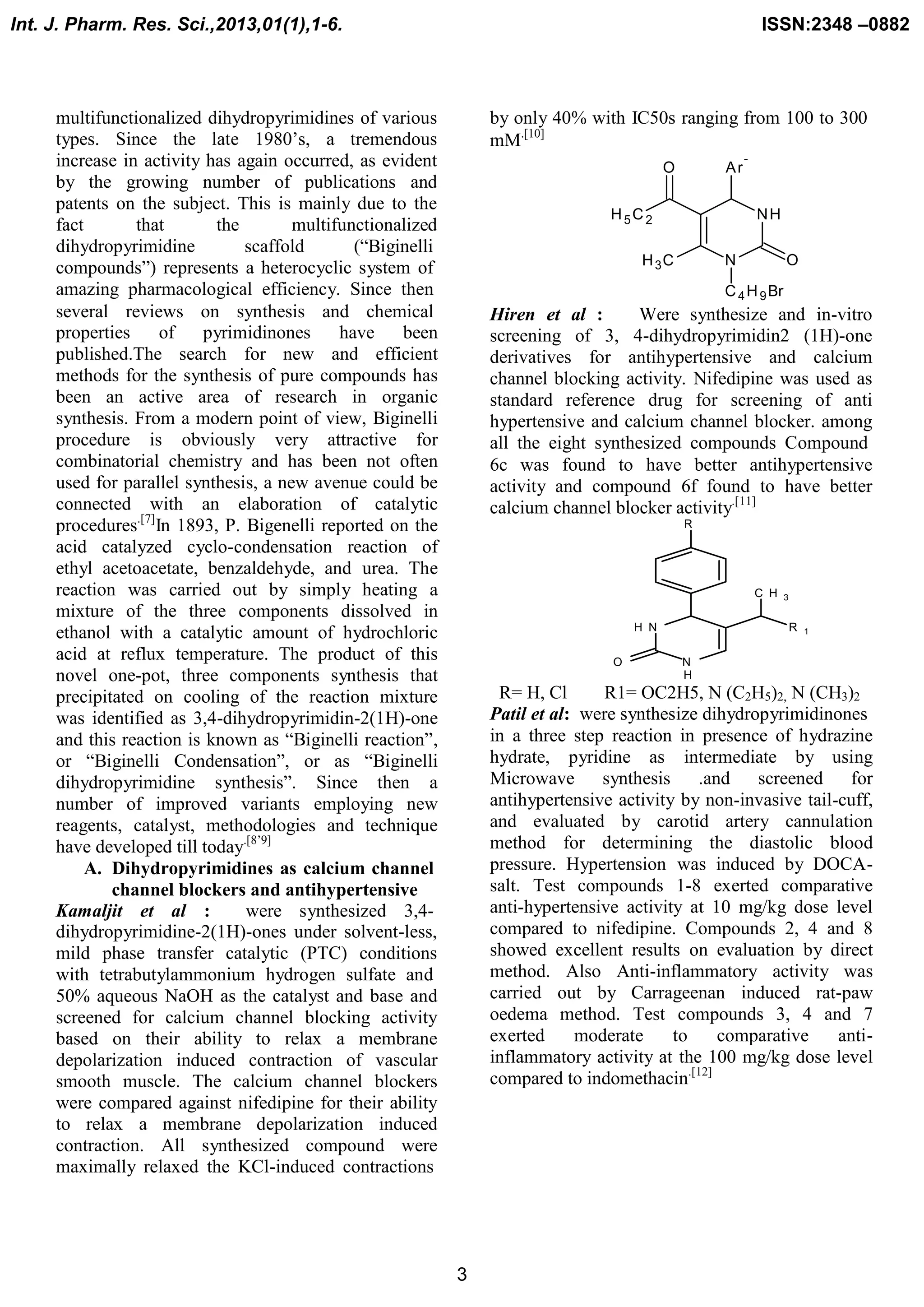 A Review: 3, 4-Dihydropyrimidines Thione Their Chemistry and Pharmacological Potentials | PDF