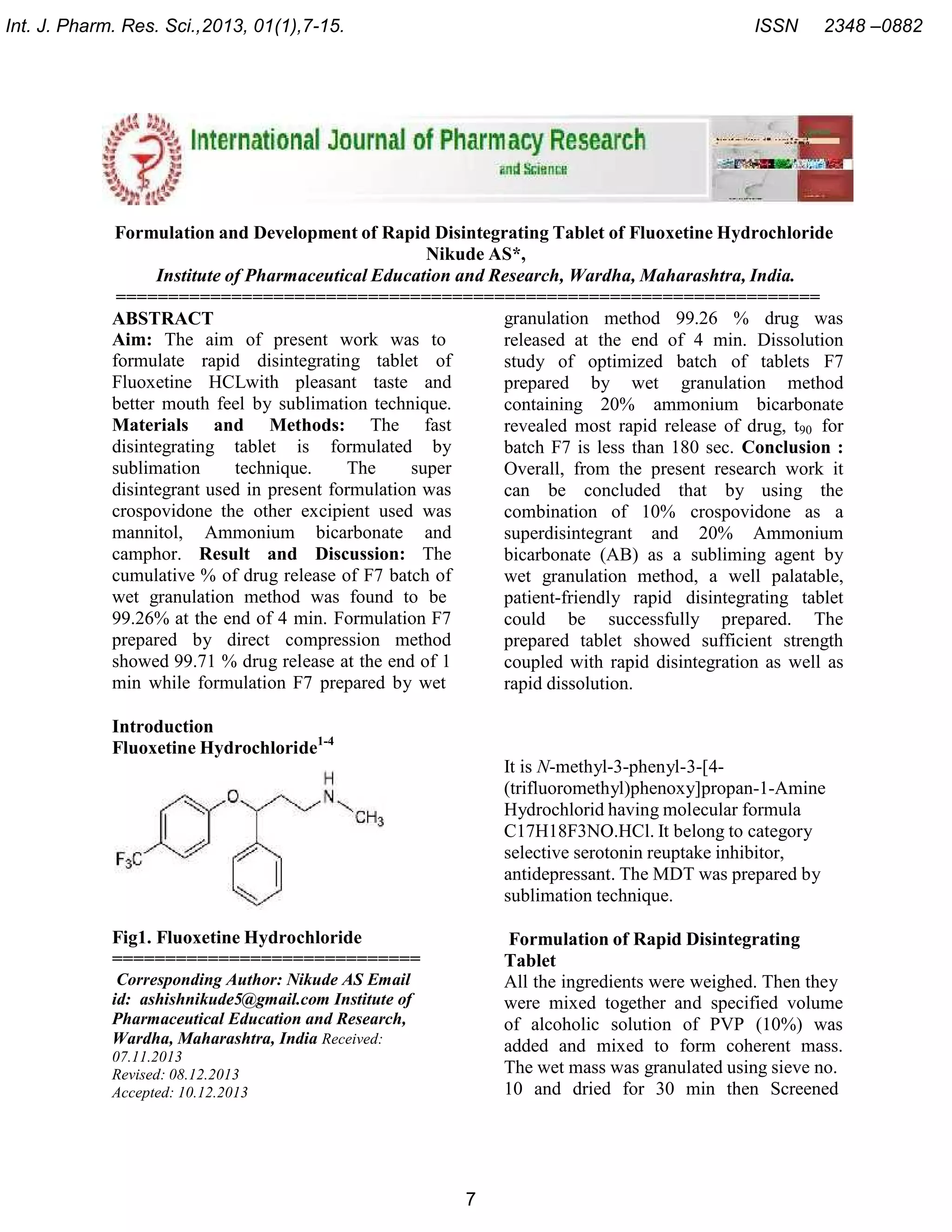 Formulation And Development Of Rapid Disintegrating Tablet Of Fluoxetine Hydrochloride Pdf