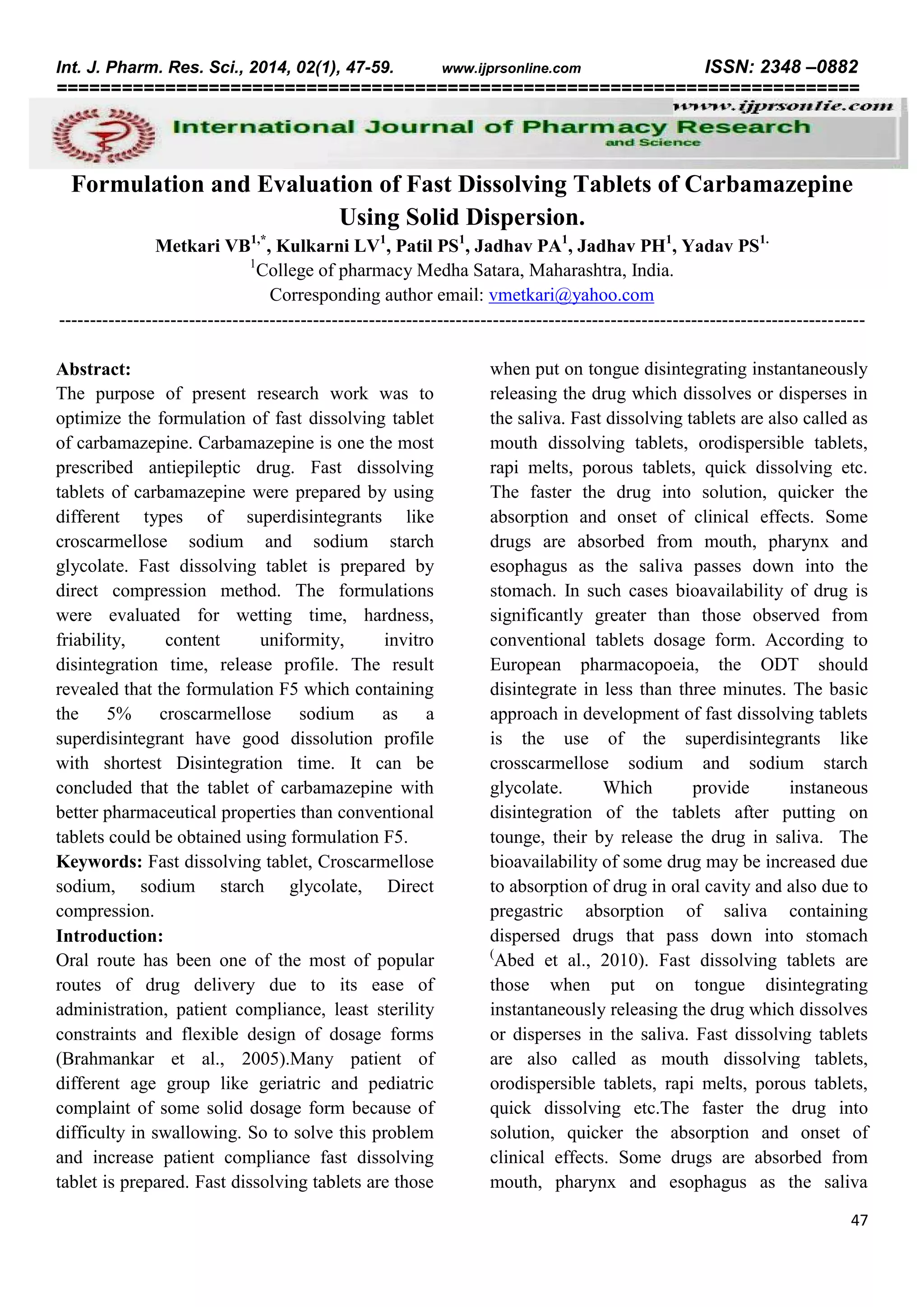 Formulation And Evaluation Of Fast Dissolving Tablets Of Carbamazepine Using Solid Dispersion Pdf