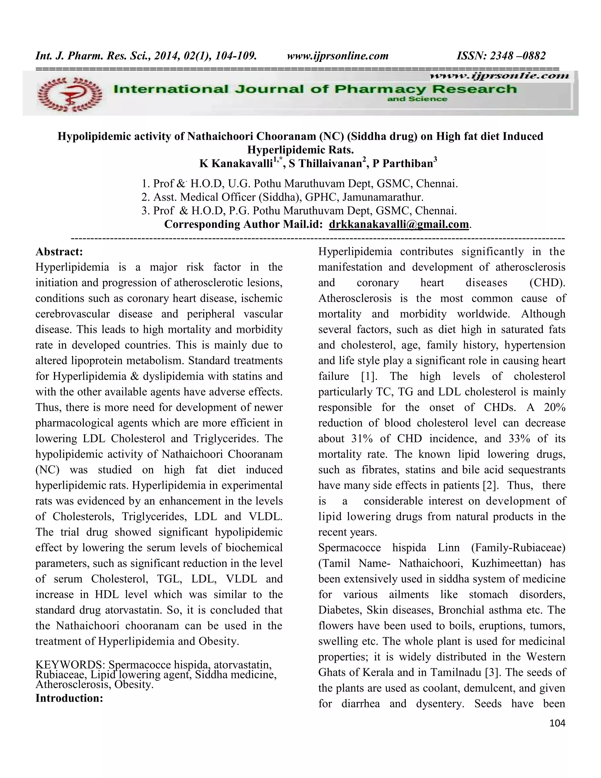 Hypolipidemic activity of Nathaichoori Chooranam (NC) (Siddha drug) on ...