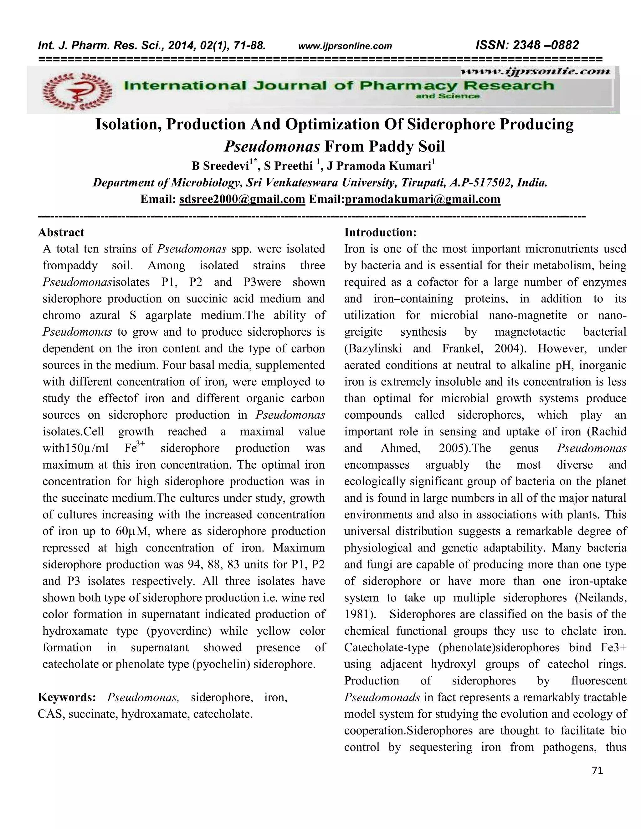 Isolation, Production And Optimization Of Siderophore Producing ...