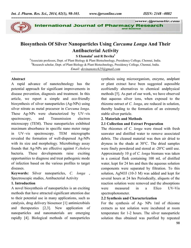 Biosynthesis Of Silver Nanoparticles Using Curcuma Longa And Their Antibacterial Activity | PDF