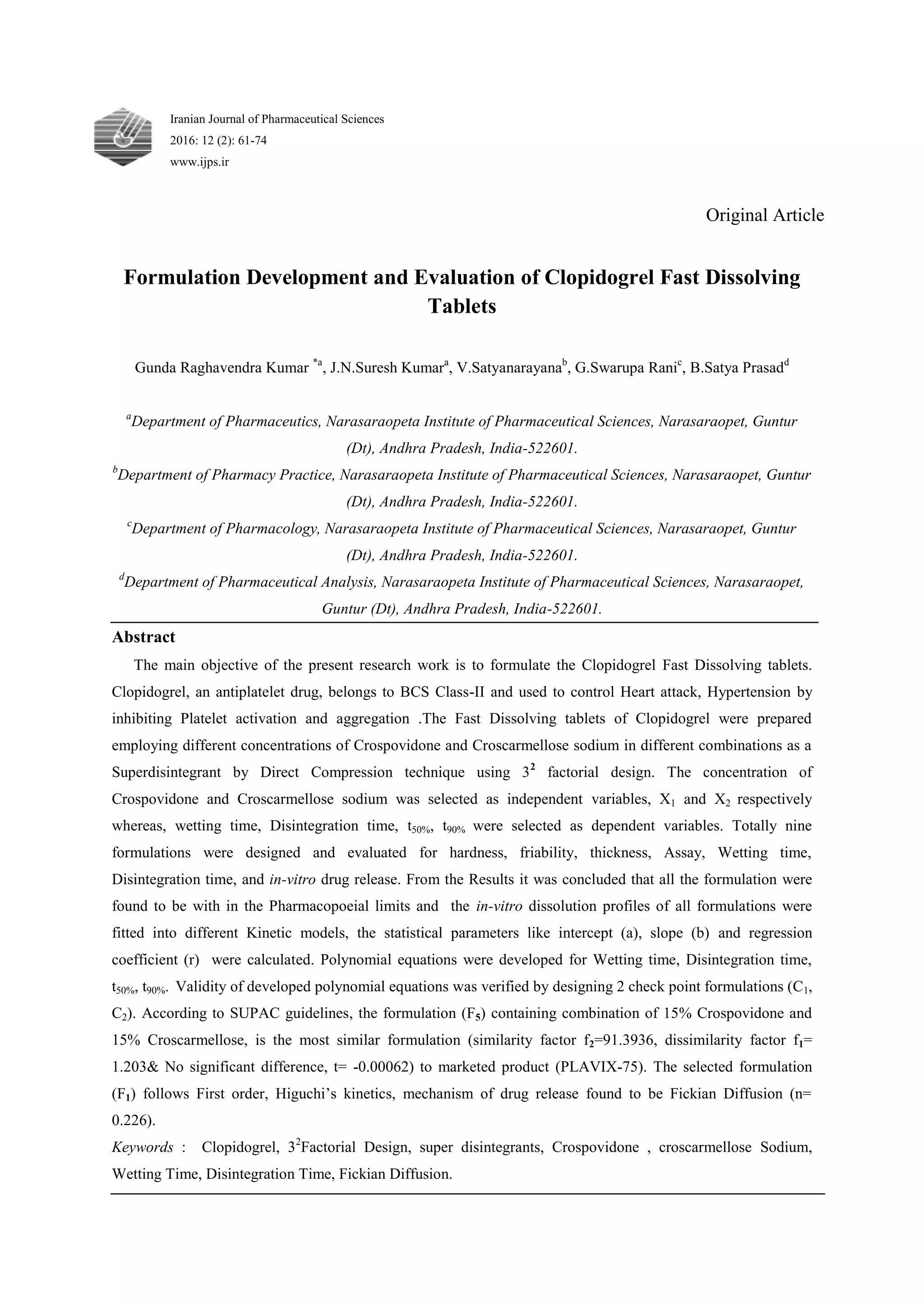 Formulation Development and Evaluation of Clopidogrel Fast Dissolving ...