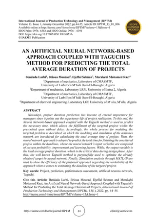 AN ARTIFICIAL NEURAL NETWORK-BASED APPROACH COUPLED WITH TAGUCHI'S METHOD FOR PREDICTING THE ...