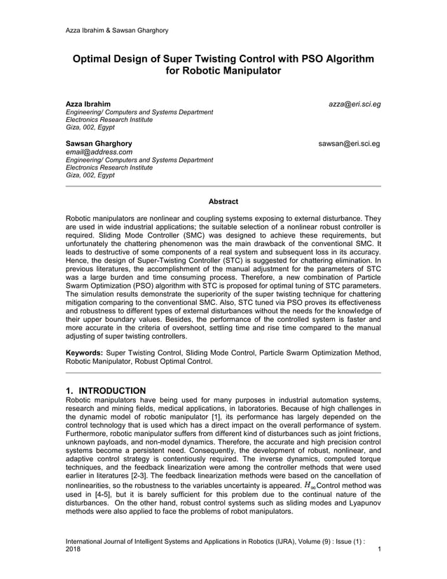 Optimal Design of Super Twisting Control with PSO Algorithm for Robotic Manipulator | PDF
