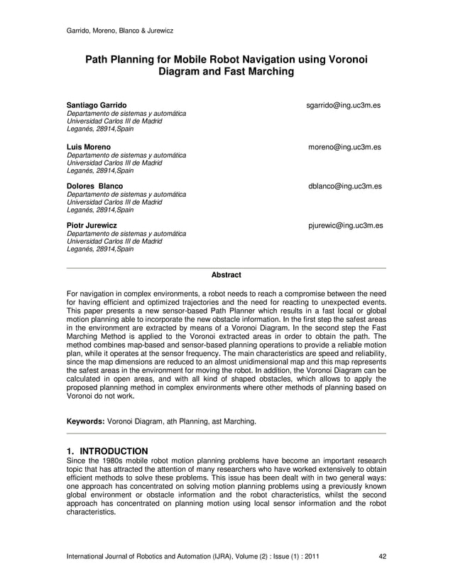 Path Planning for Mobile Robot Navigation Using Voronoi Diagram and Fast Marching | PDF