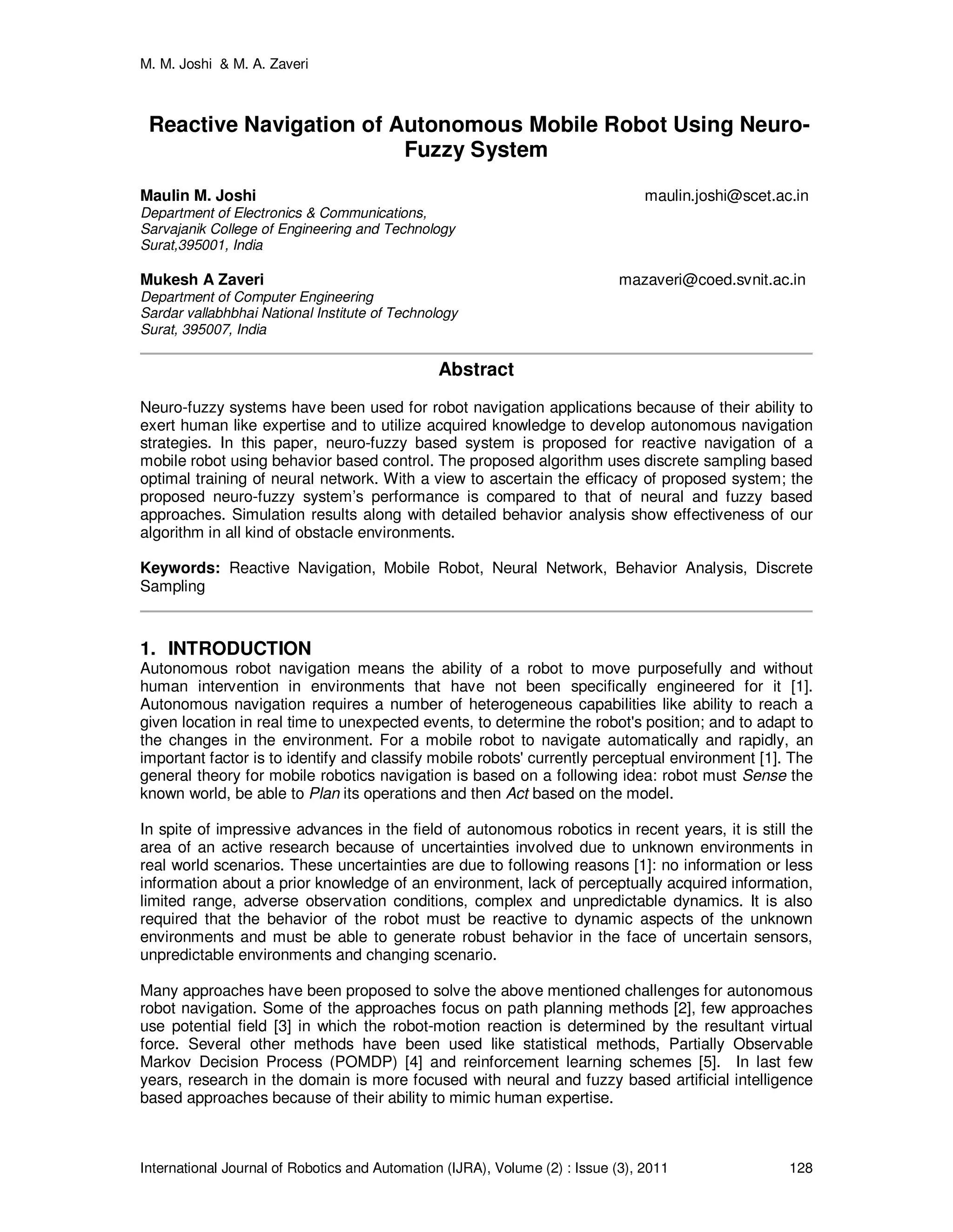 Reactive Navigation Of Autonomous Mobile Robot Using Neuro Fuzzy System