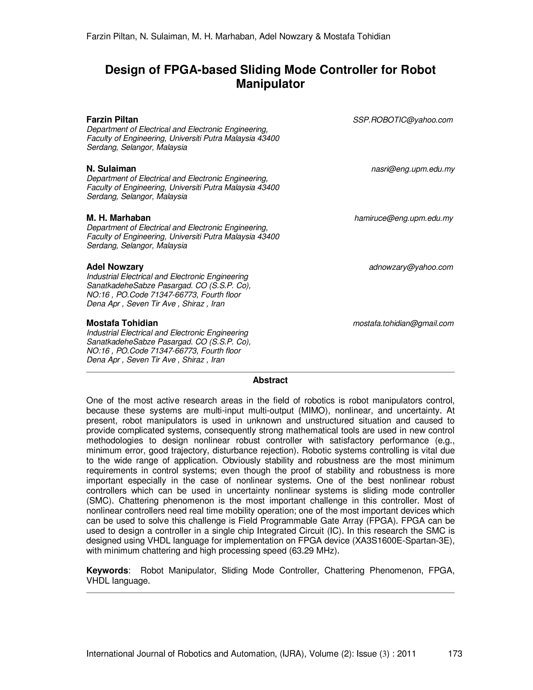 Design of FPGA-based Sliding Mode Controller for Robot Manipulator | PDF | Robotics | Technology ...