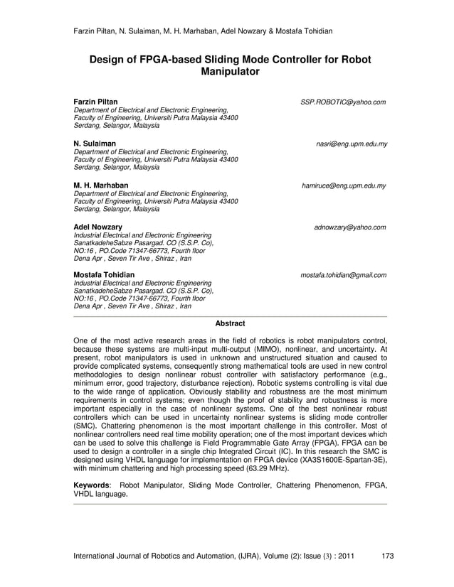 Design of FPGA-based Sliding Mode Controller for Robot Manipulator | PDF | Robotics | Technology ...