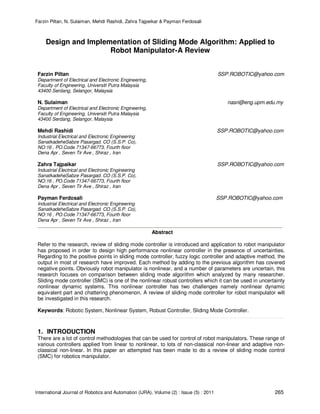 Design and Implementation of Sliding Mode Algorithm: Applied to Robot Manipulator-A Review | PDF