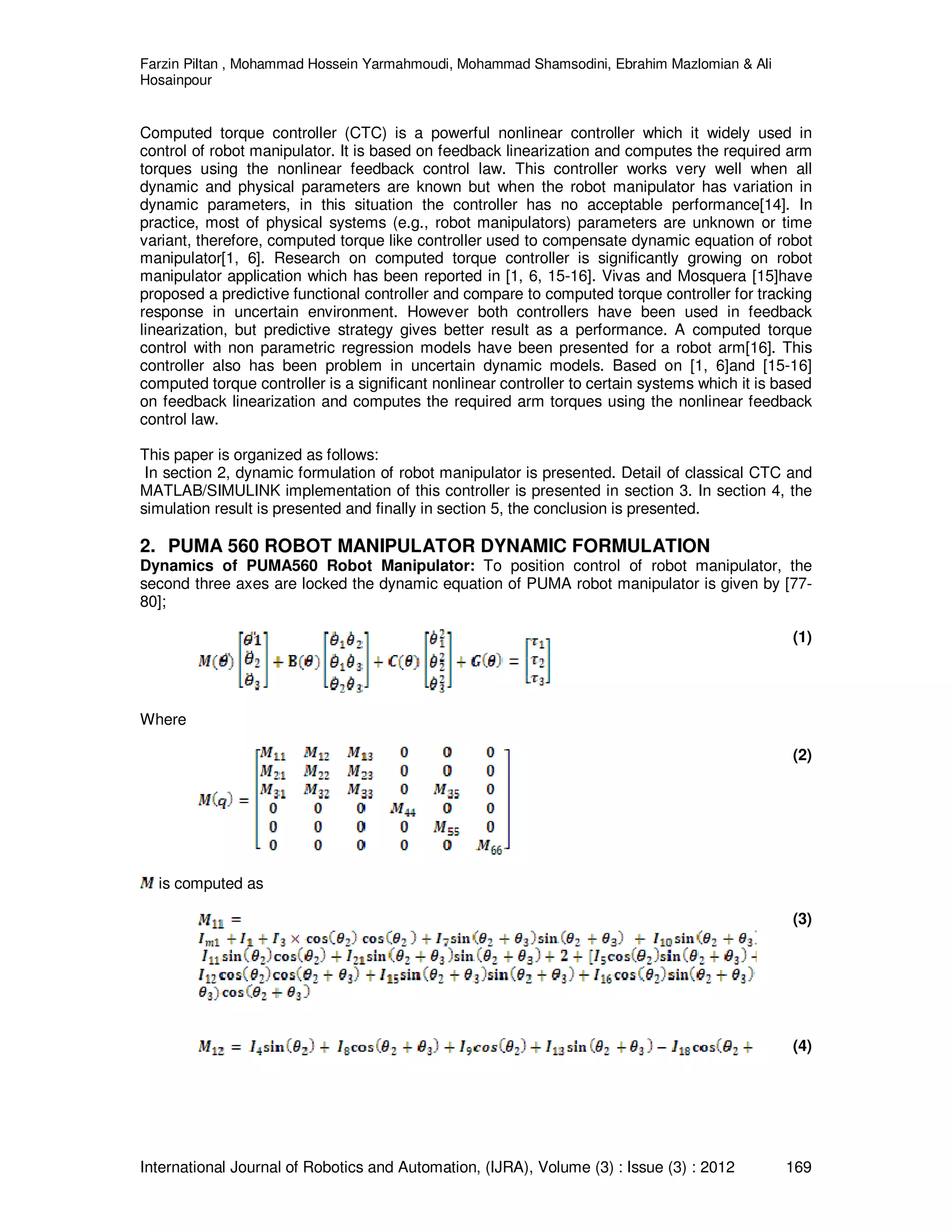 PUMA-560 Robot Manipulator Position Computed Torque Control Methods Using MATLAB/SIMULINK and ...