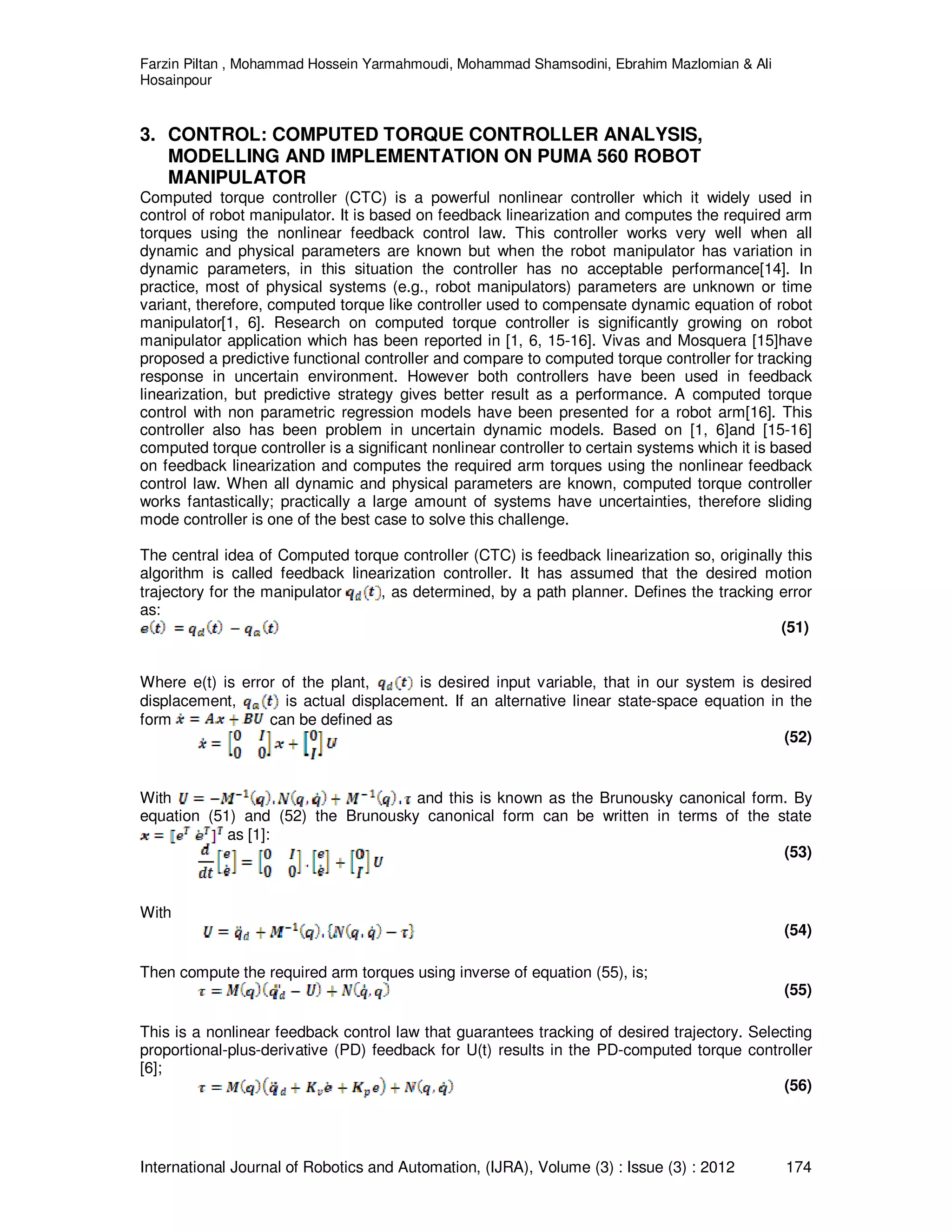 PUMA-560 Robot Manipulator Position Computed Torque Control Methods Using MATLAB/SIMULINK and ...