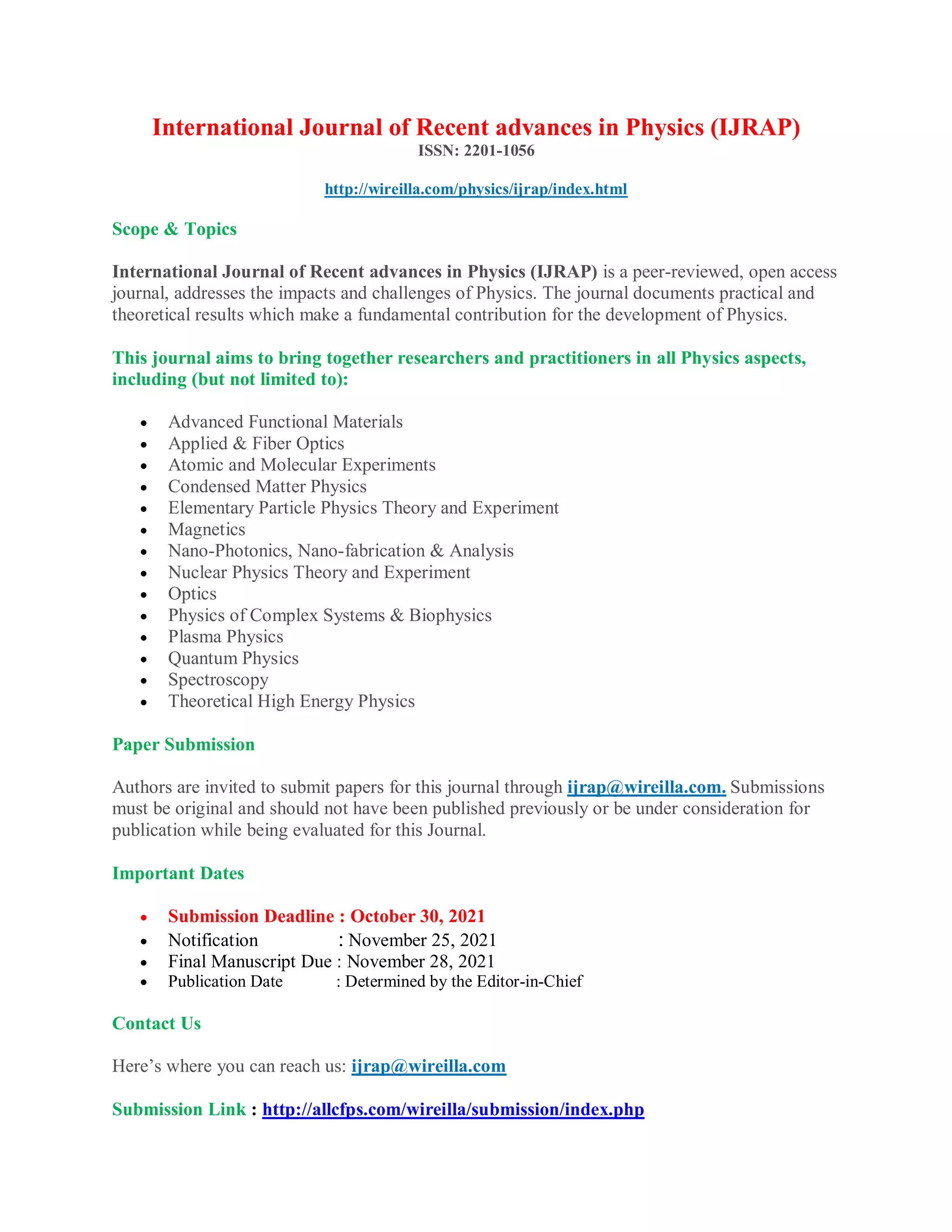 Call For Papers - International Journal of Recent advances in Physics ...