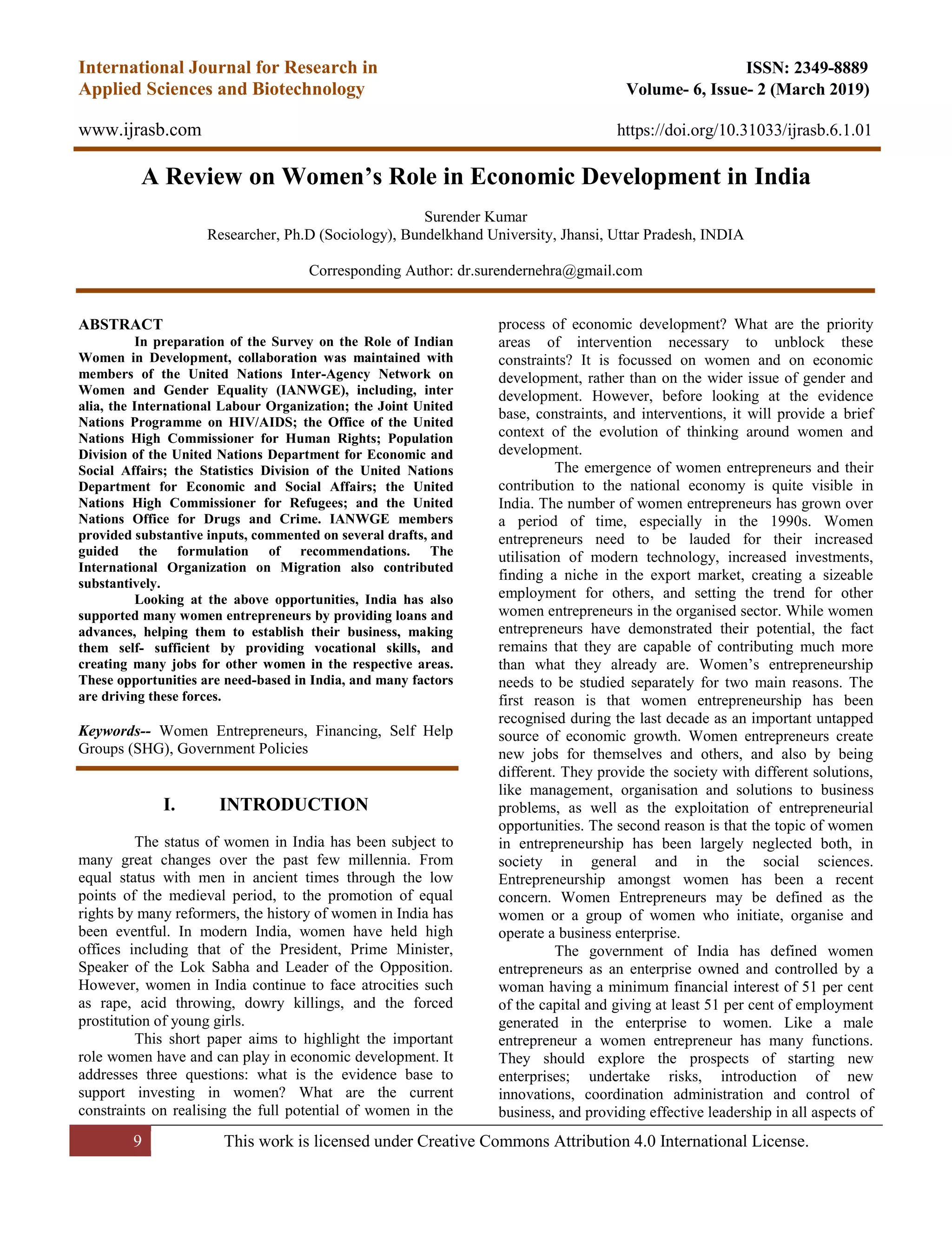 A Review on Women’s Role in Economic Development in India | PDF
